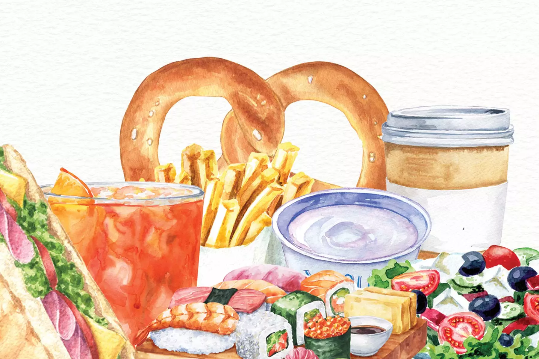 Ngwakọta nri ndị atụpụtara dị ka yogọt, pretzel, fries, kọfị, mmanya, sushi, salad na sanwichi.