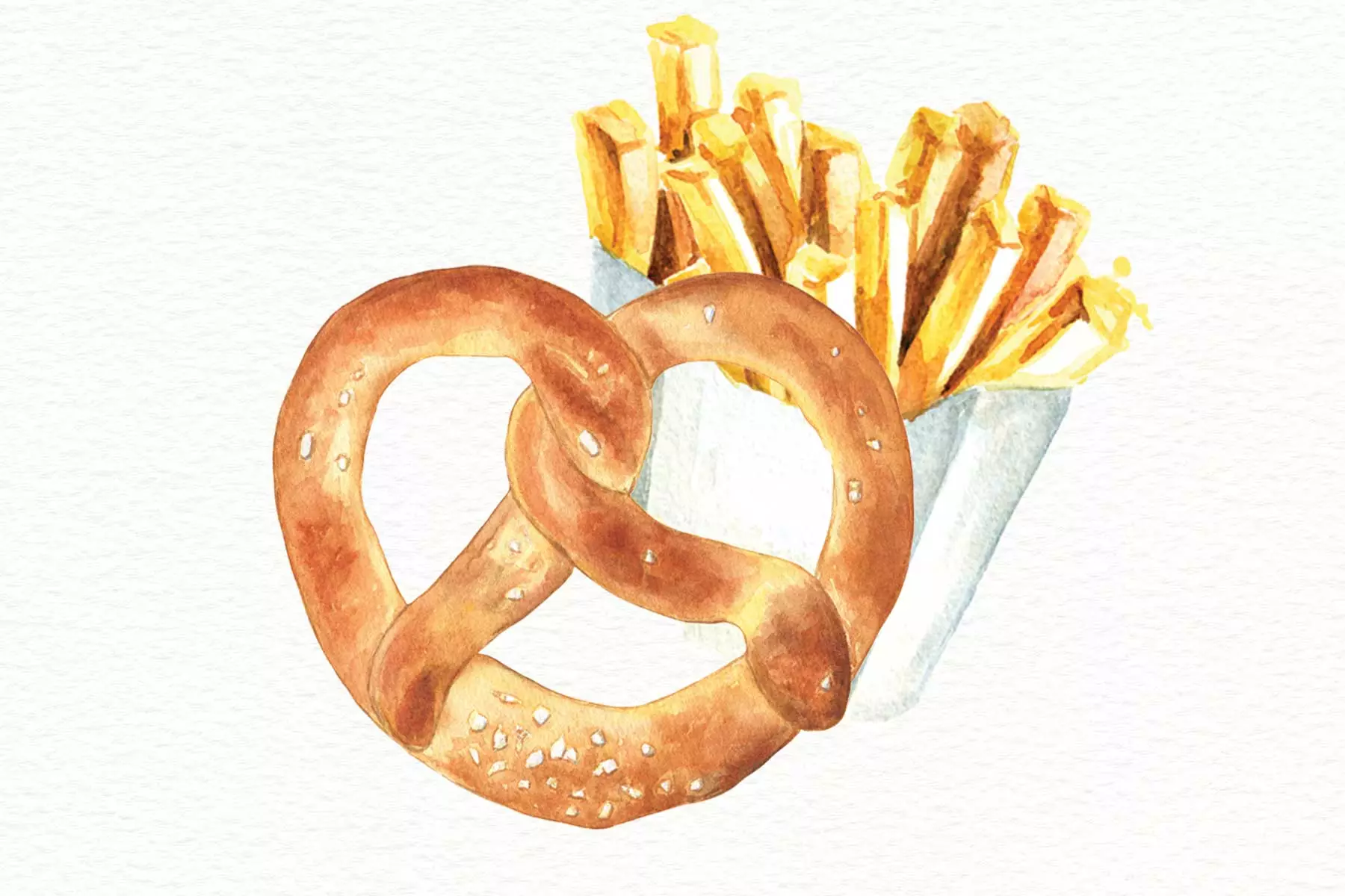 Ihe atụ Watercolor nke pretzel na fries na nnu