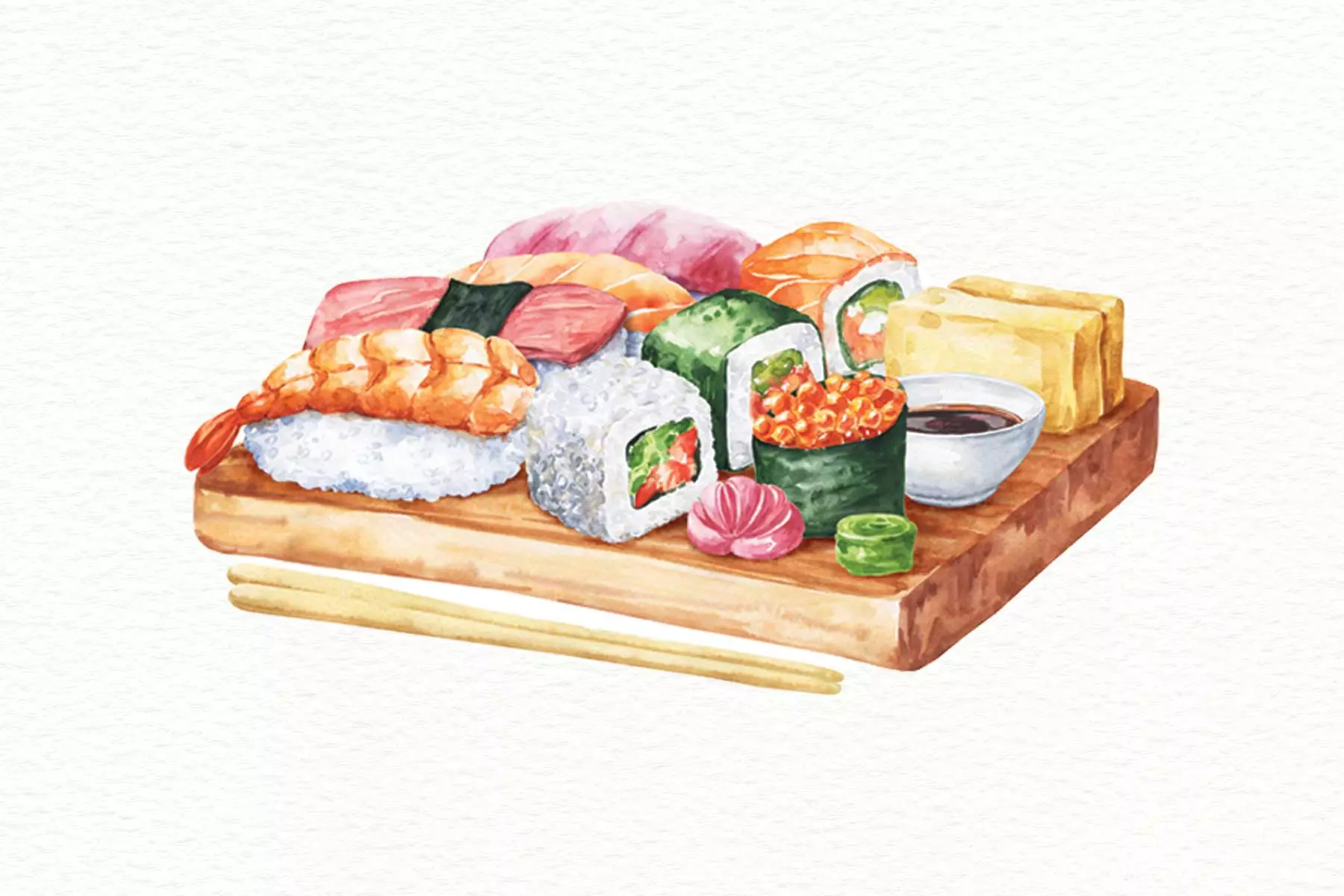 Waterverf illustrasie van sushi