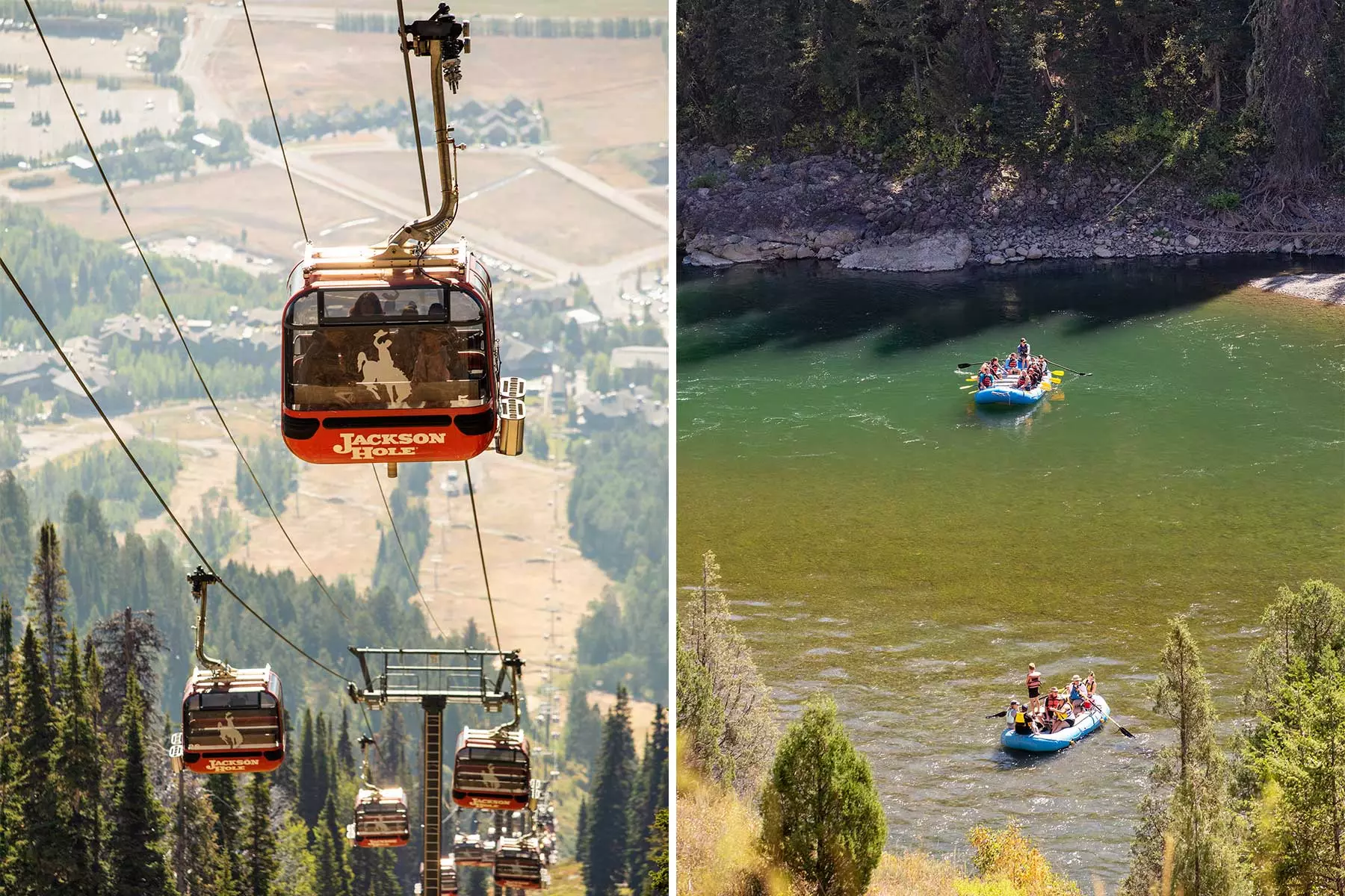 Scény z Jackson Hole vo Wyomingu, vrátane gondoly stúpajúcej cez stromy a skupín rafterov na divokej vode na rieke Snake