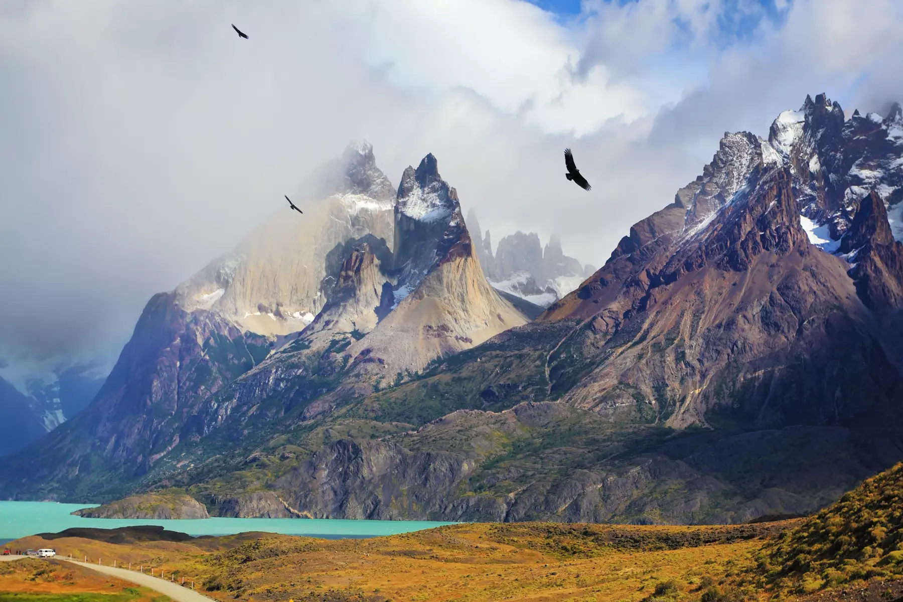 Letný deň v národnom parku Torres del Paine, Patagónia, Čile. Útesy Los Kuernos medzi oblakmi. Andské kondory lietajú nad jazerom Pehoe