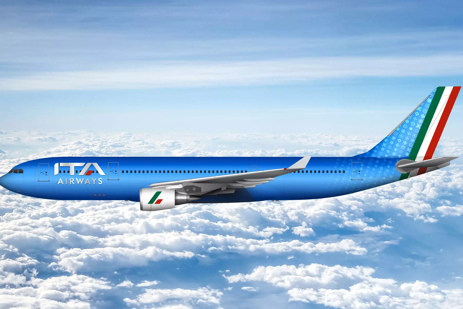 Unha representación dun avión azul de ITA Airways no ceo.