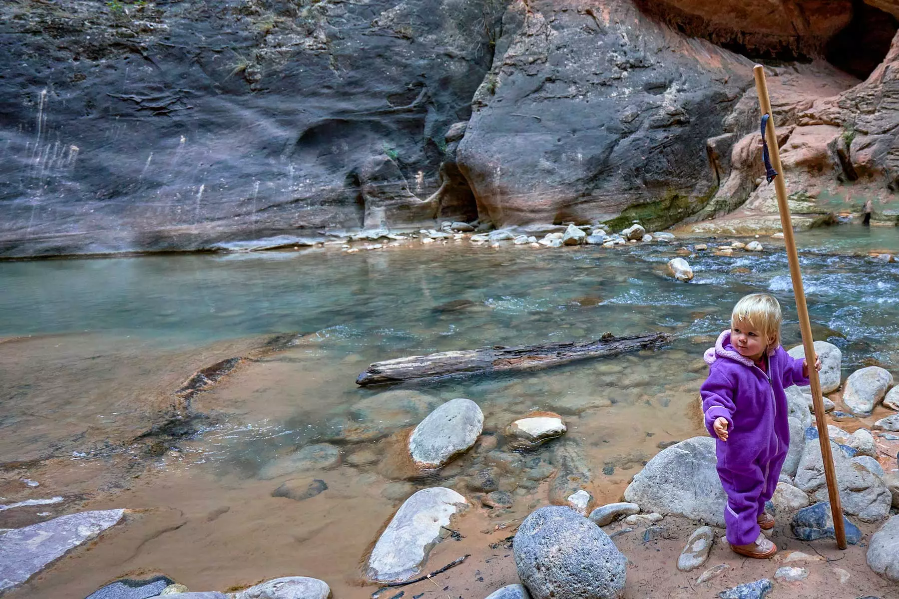 The Famous Narrows birjina ibaiarekin Zion Parke Nazionaleko arroila ospetsuan, Utah hegoaldeko itsaslabar gorriekin