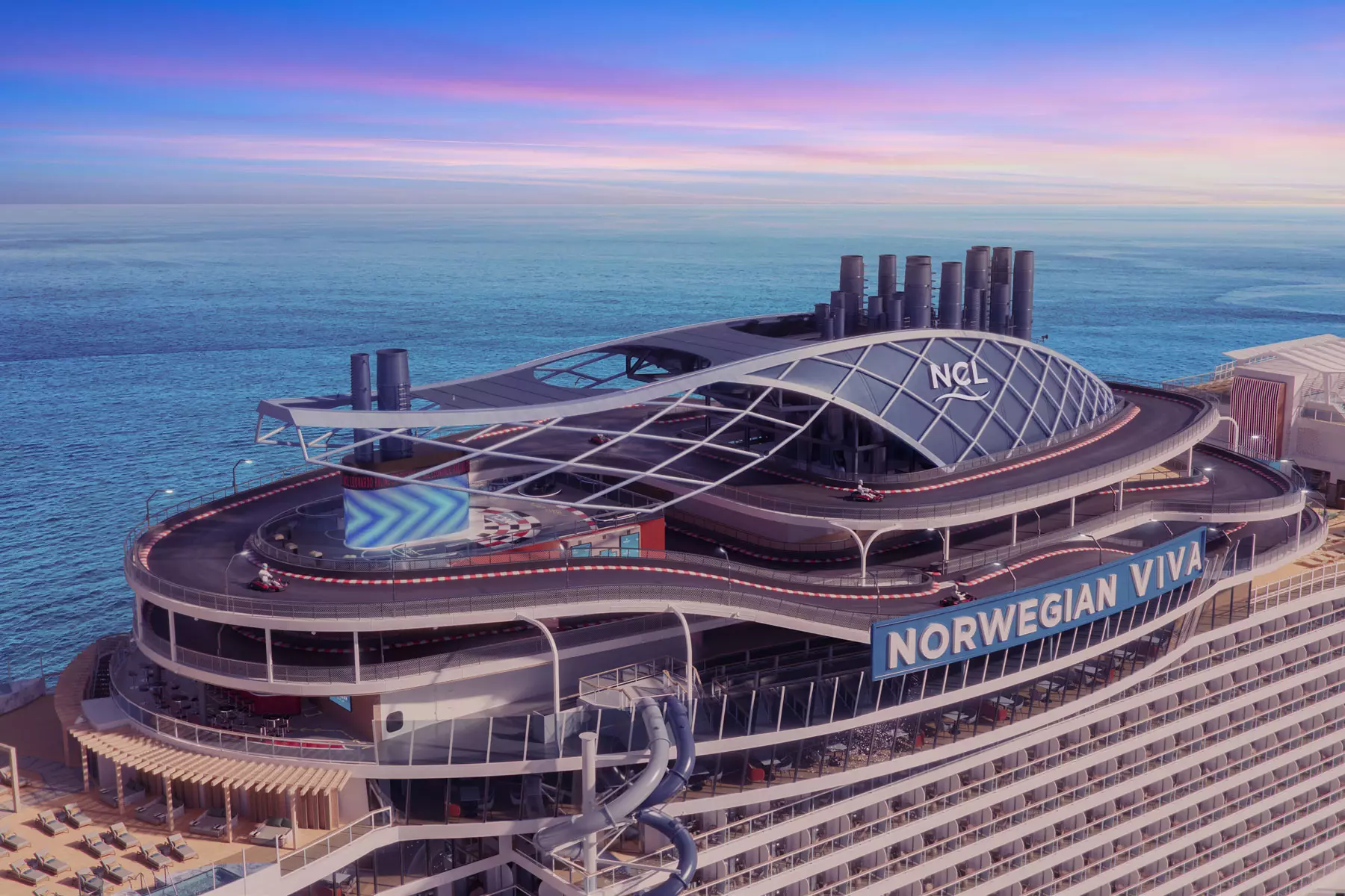 Norwegiýanyň “Cruise Line” -iň iň täze gämisi “Viva” -da “Cart Cart” ýaryş ýoluna gidiň