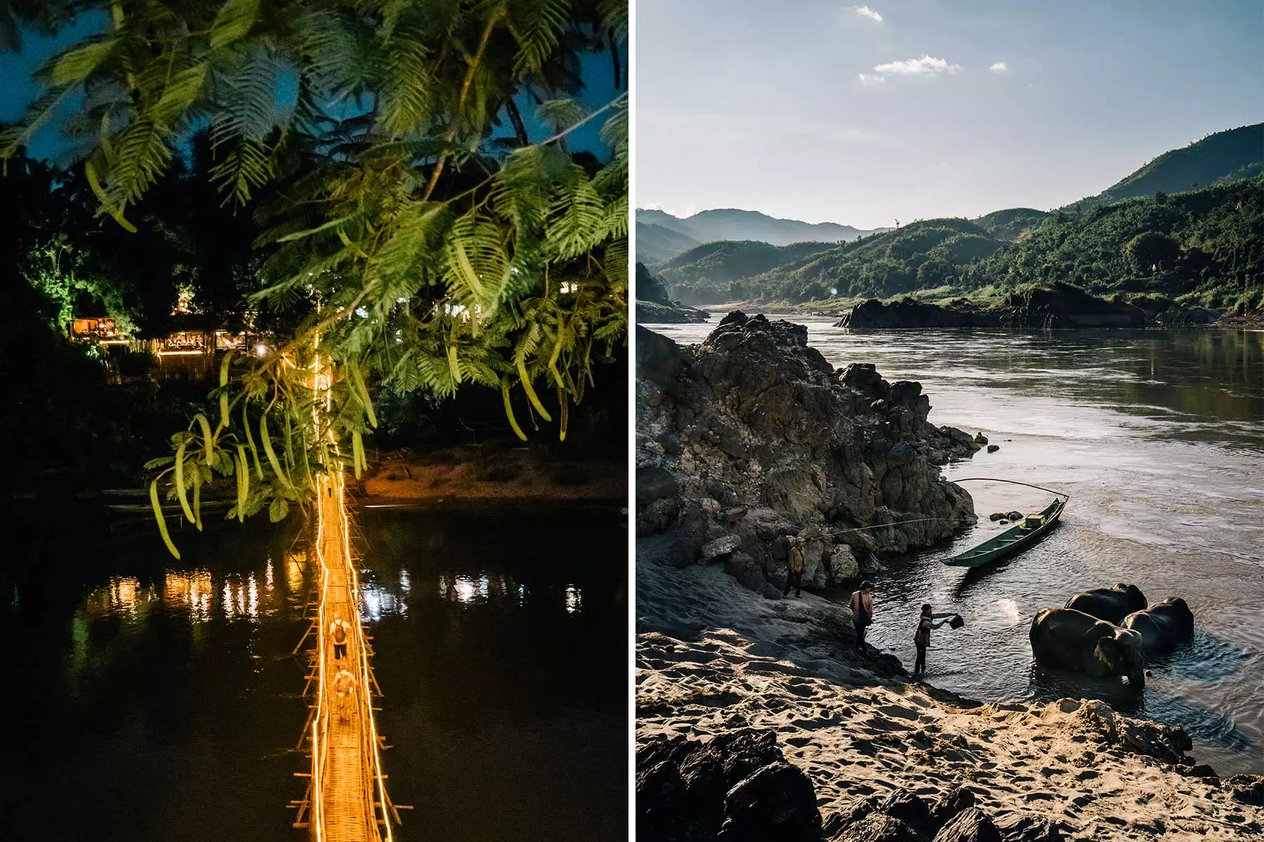 Տեսարաններ Մեկոնգ գետի նավարկությունից. կամուրջ գետի վրայով, լուսավորված գիշերը, և փղերին լողացնում են գետում