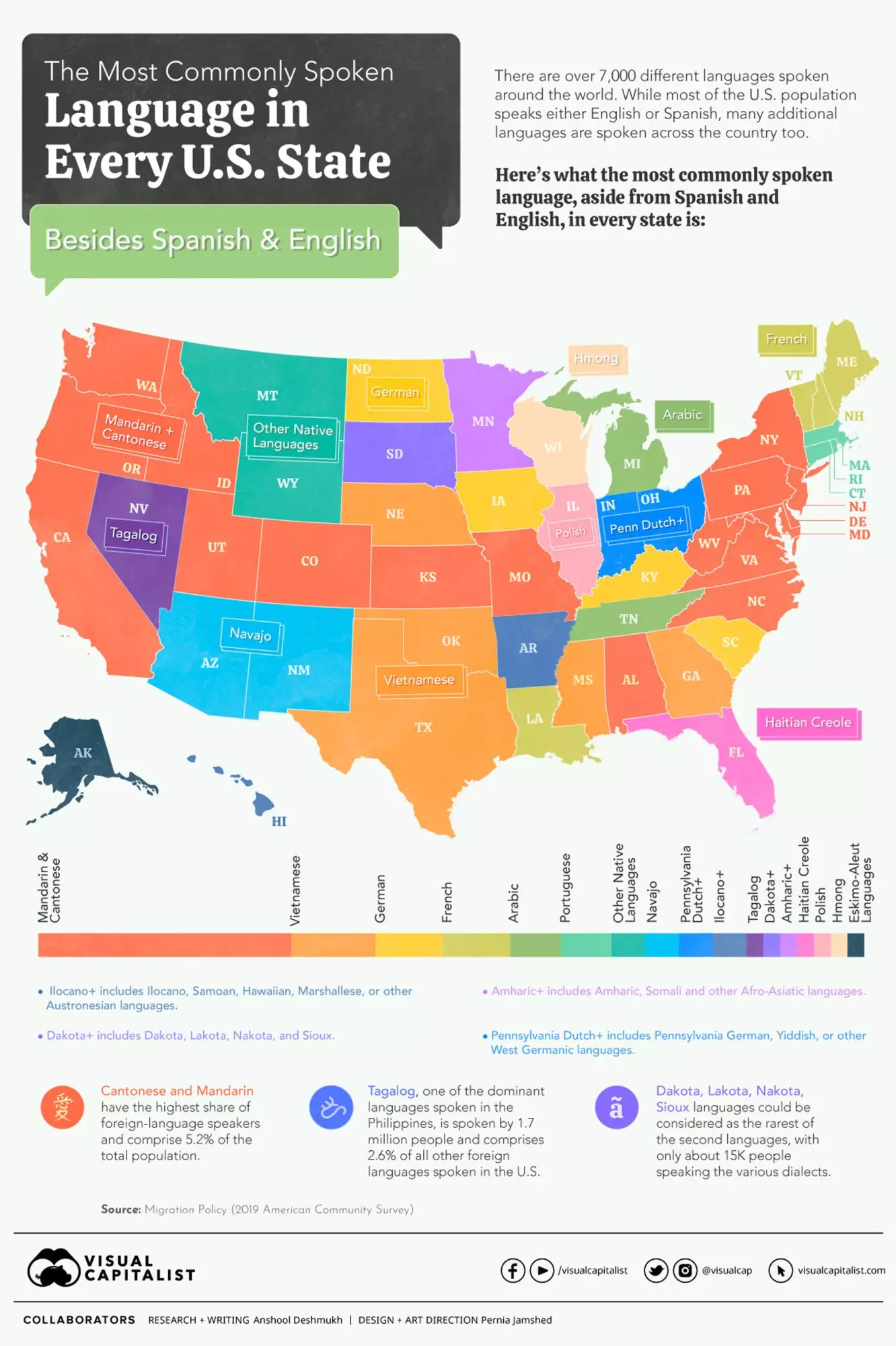 Wizualna mapa kapitalistyczna Stanów Zjednoczonych przedstawiająca popularne języki w każdym stanie