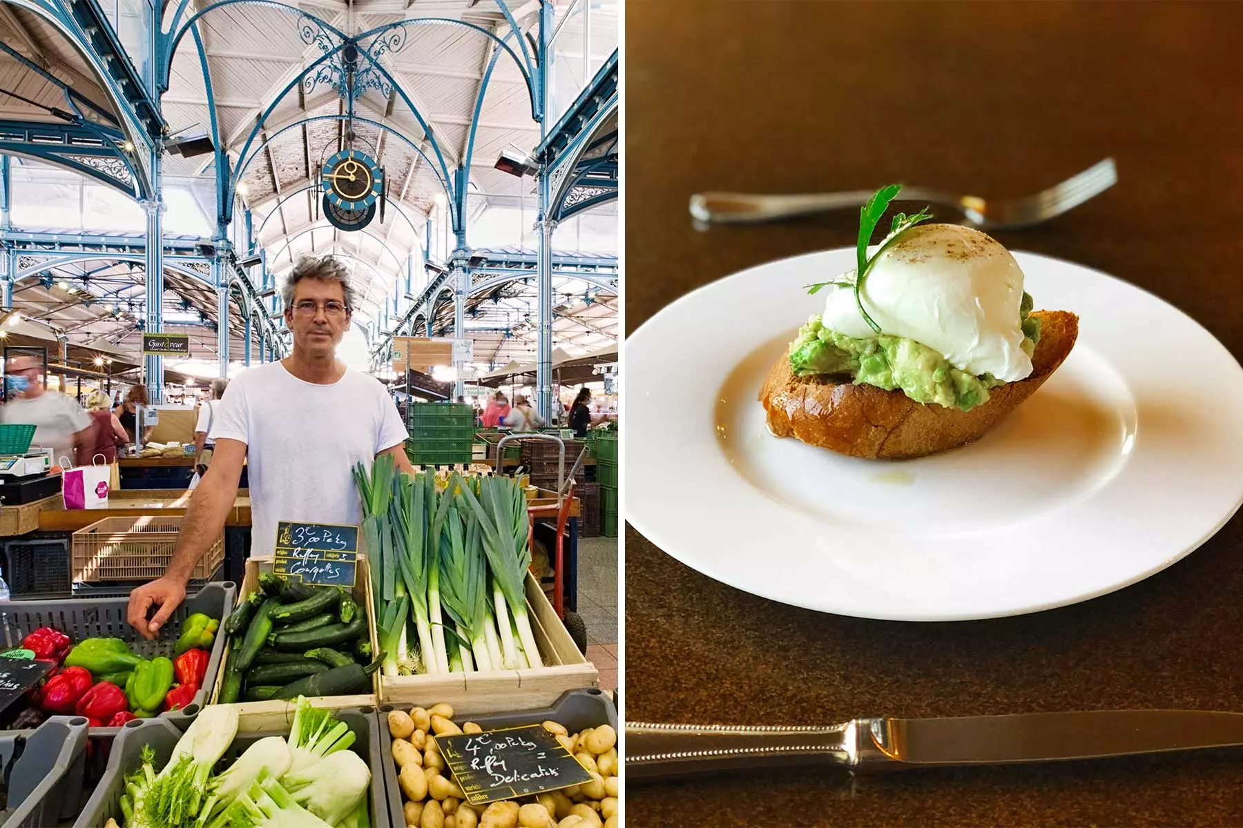 Două fotografii arată o scenă a unei piețe alimentare din Dijon, Franța, și un fel de mâncare cu pâine prăjită cu avocado, acoperită de un ou poșat