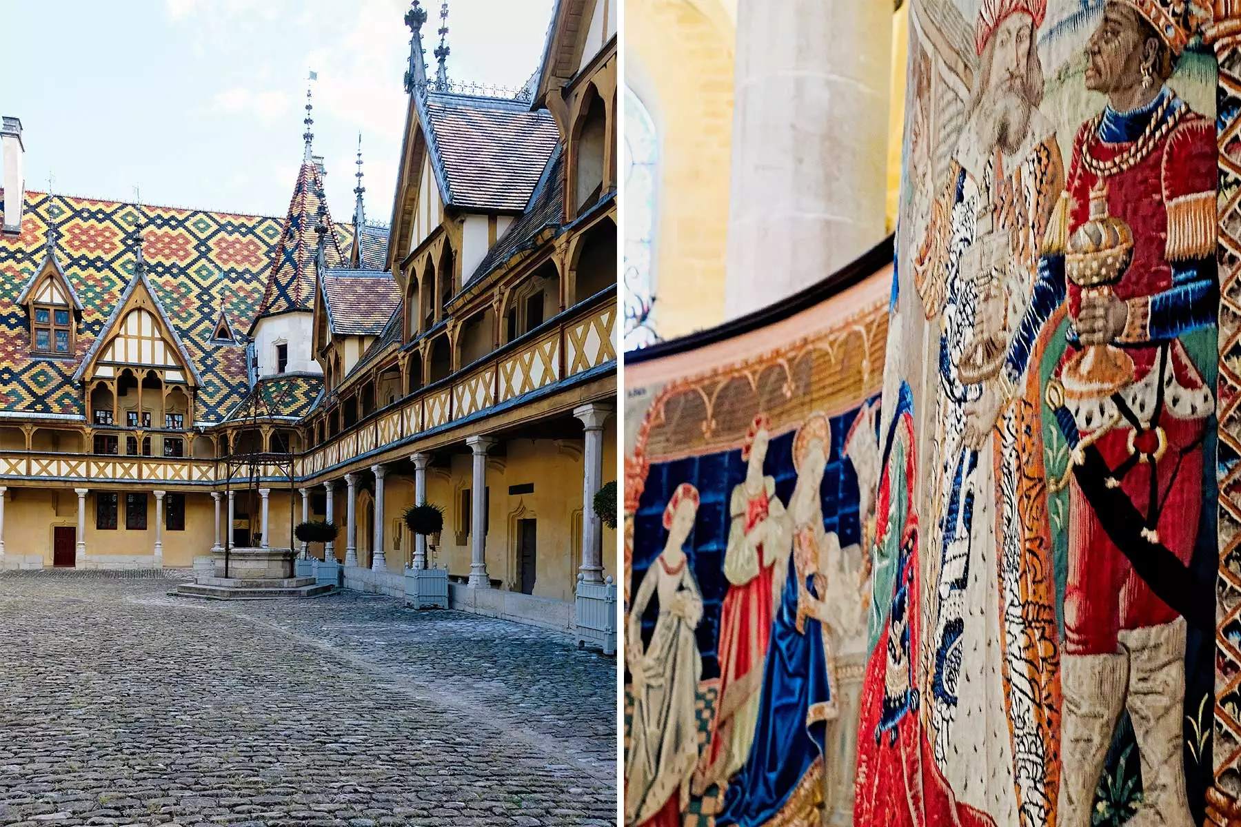 A franciaországi Hospices de Beaune külseje, a belsejében elhelyezett kárpit részletével párosítva