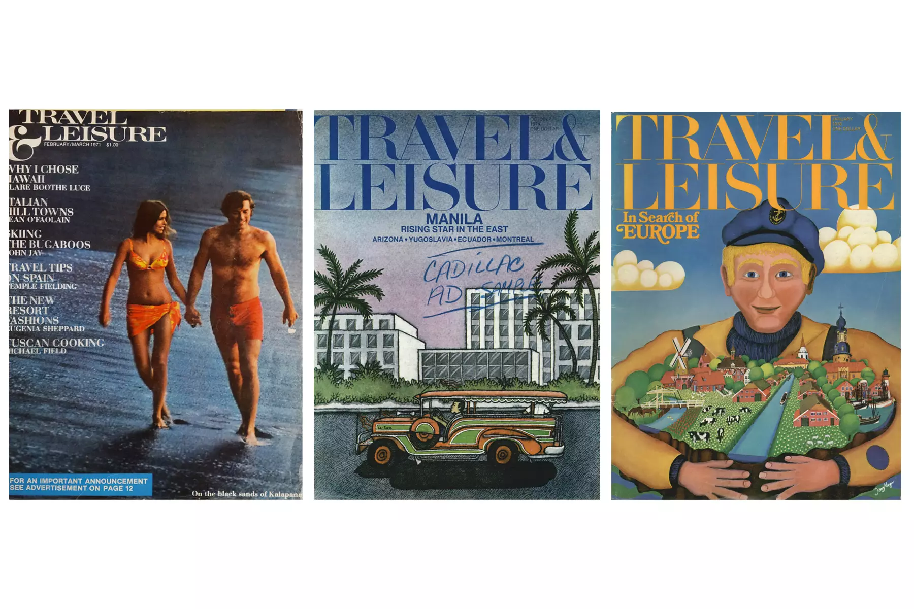 Ajakirja Travel + Leisure kaaned aastatest 1971, 1947, 1976