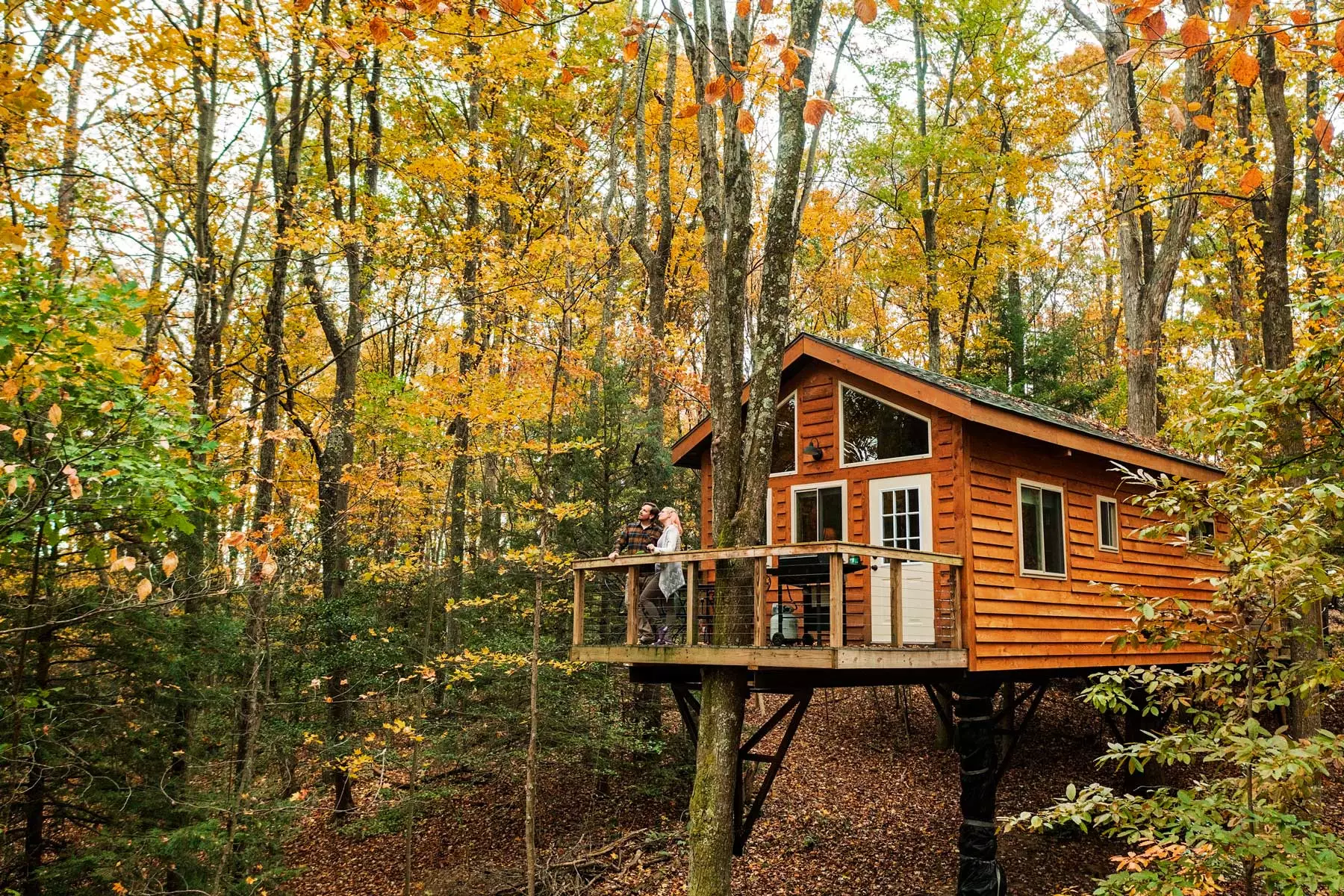 Yon treehouse envite nan Country Road Cabins