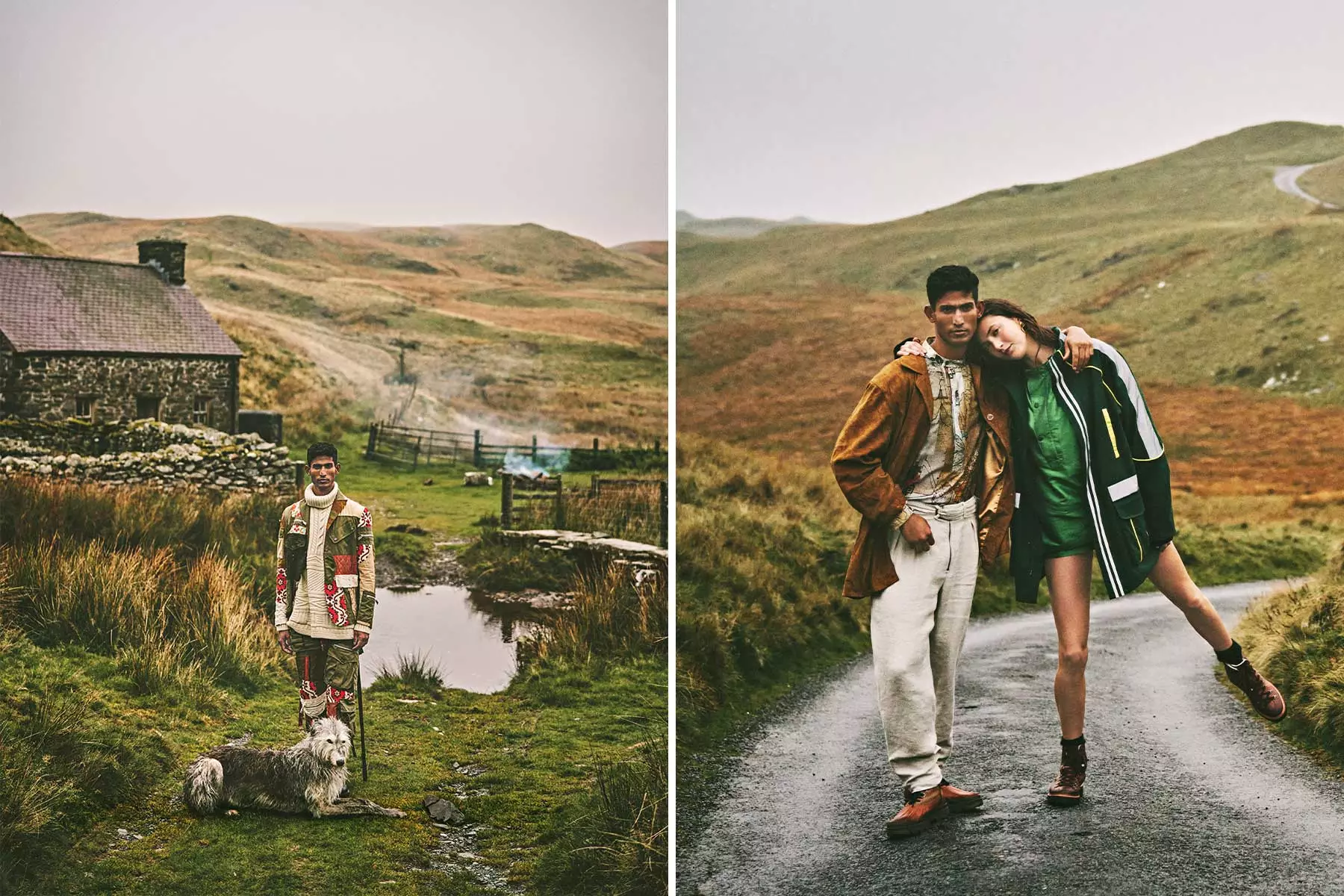 वेल्स के कैम्ब्रियन वे पर लंबी पैदल यात्रा के ठाठ कपड़ों में स्टाइल वाली मॉडल दिखाते हुए दो तस्वीरें