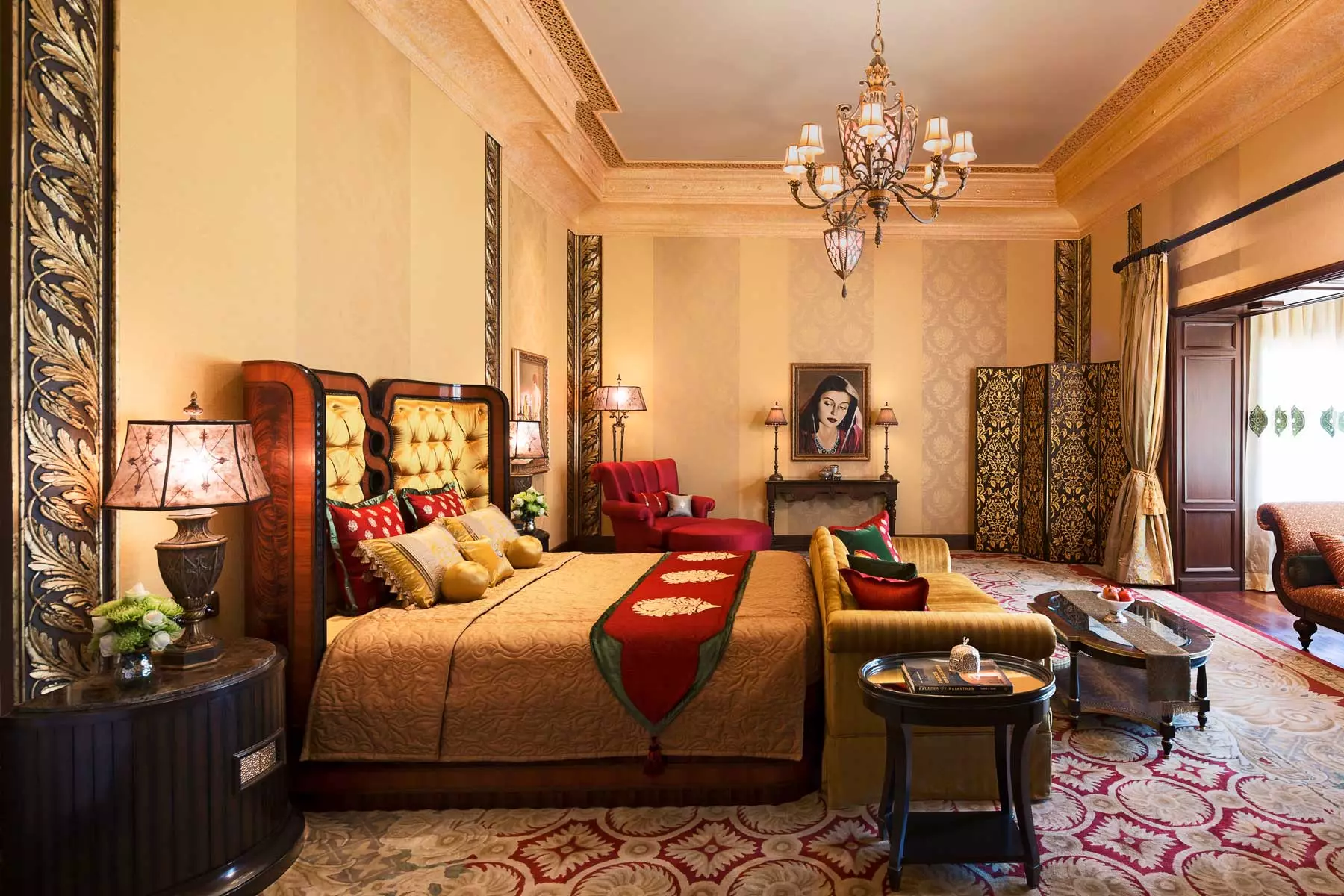 Een sierlijke kamer in het Rambagh Palace, uitgeroepen tot een van de beste hotels ter wereld