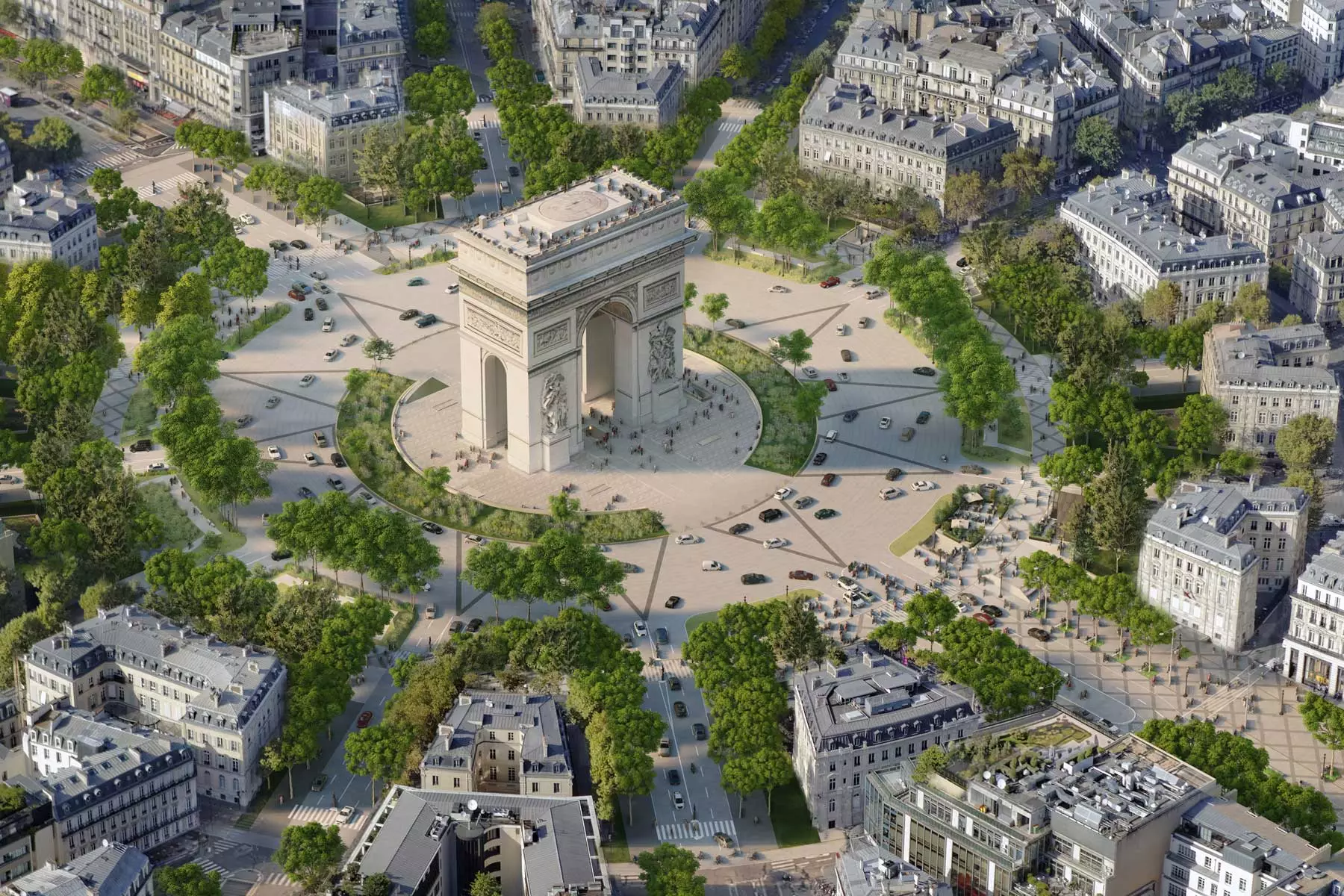 Suunniteltujen kunnostettujen jalankulkualueiden renderointi Champs Elysees -kadun ympärille Pariisissa, Ranskassa