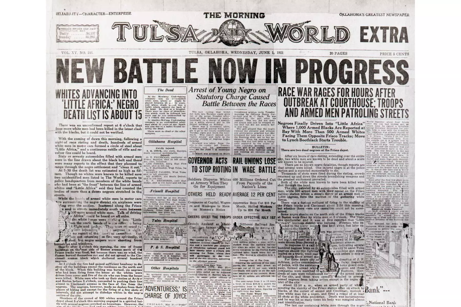 Tudalen ffont o bapur newydd Tulsa, OK yn 1921 gyda phenawdau am gyflafan Tulsa