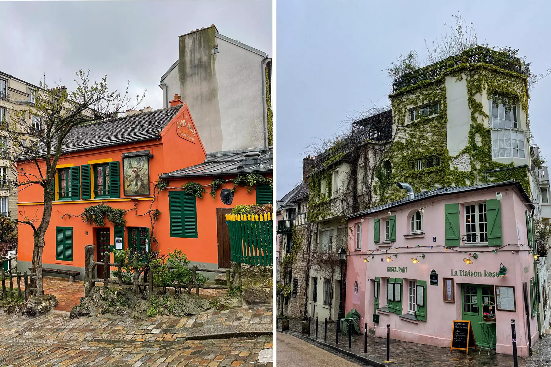 De la stânga: exteriorul Lapin Agile, un bar istoric din Montmartre; Exteriorul La Maison Rose, un restaurant faimos din Montmartre