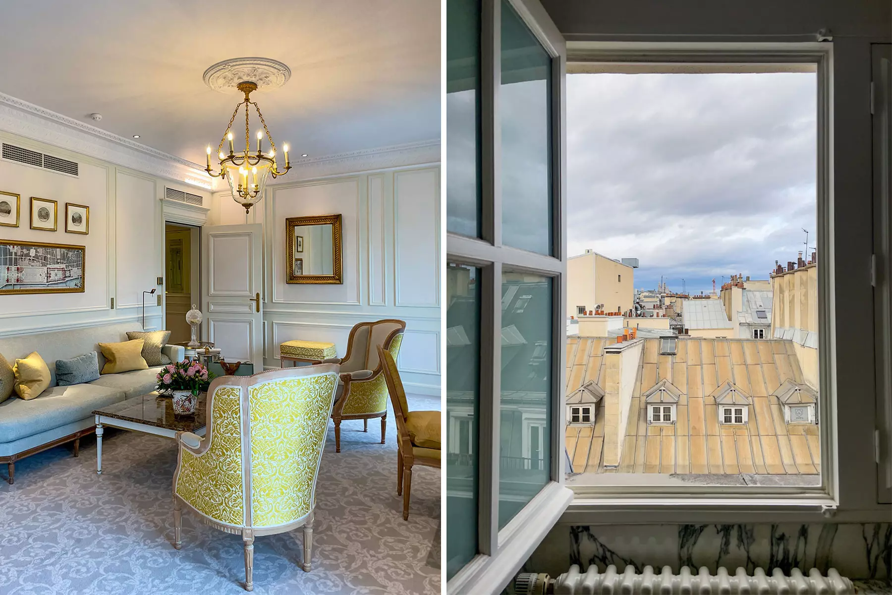 De la stânga: o zonă de lounge în interiorul Le Meurice; Vedere de la o fereastră la Le Meurice