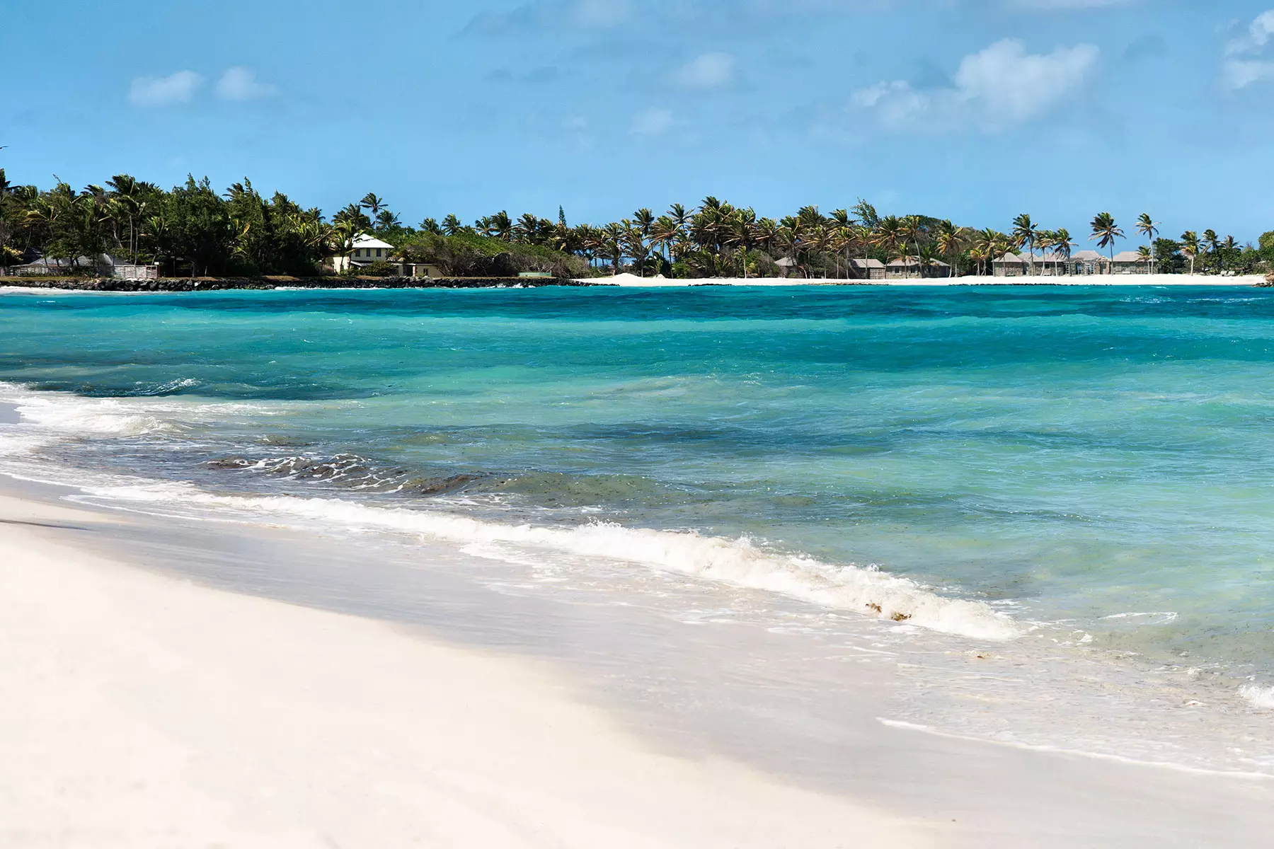 Mustique Panorama fan Macaroni Beach mei palmbeammen