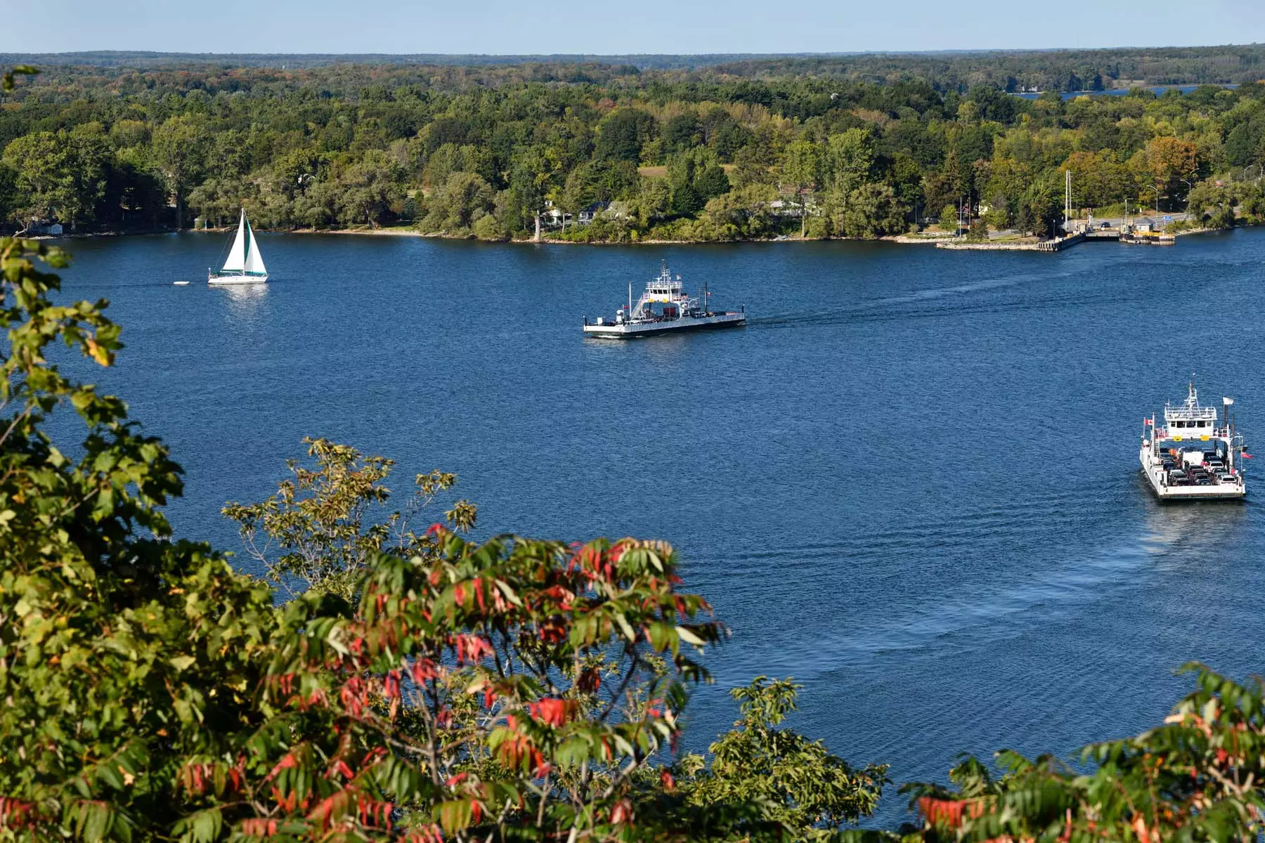 Traghetti gratuiti per auto Glenora per Adolphustown sul blu Adolphus Reach con barca a vela bianca sulla baia di Quinte, Prince Edward County Ontario in autunno