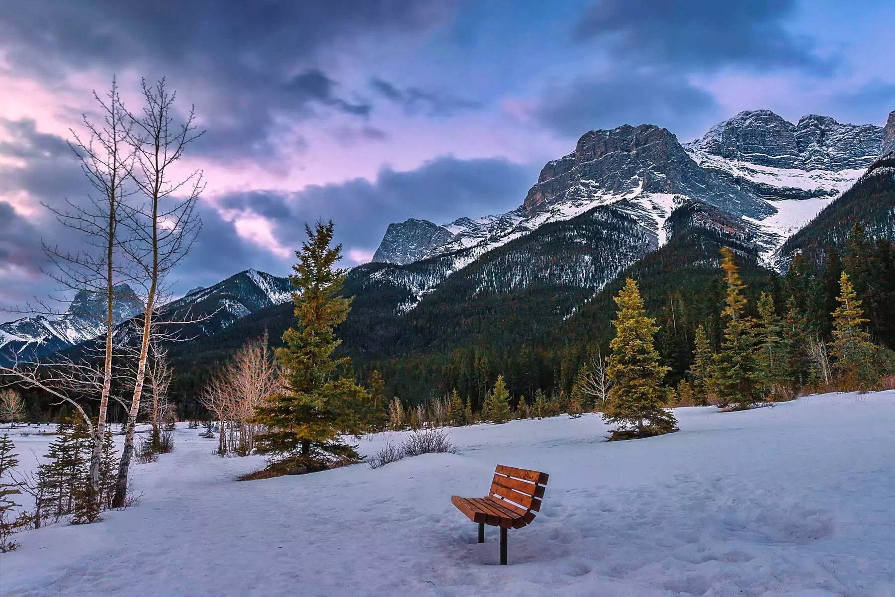 Benchi mu paki yozizira m'mapiri a Canmore.