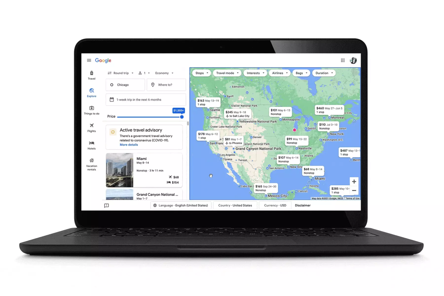 Recursos de viagem do Google Maps mostrados em um laptop