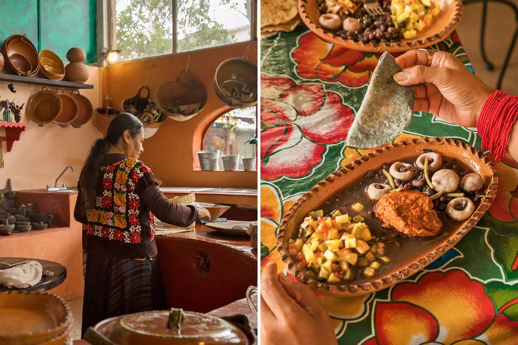 To bilder viser Raquel Torres Cerdán i Xalapa-kjøkkenet hennes og en detalj av tallerkenen hennes med svineribbe med chipotle-hvitløk adobo, grønnsaker og stuvede svarte bønner