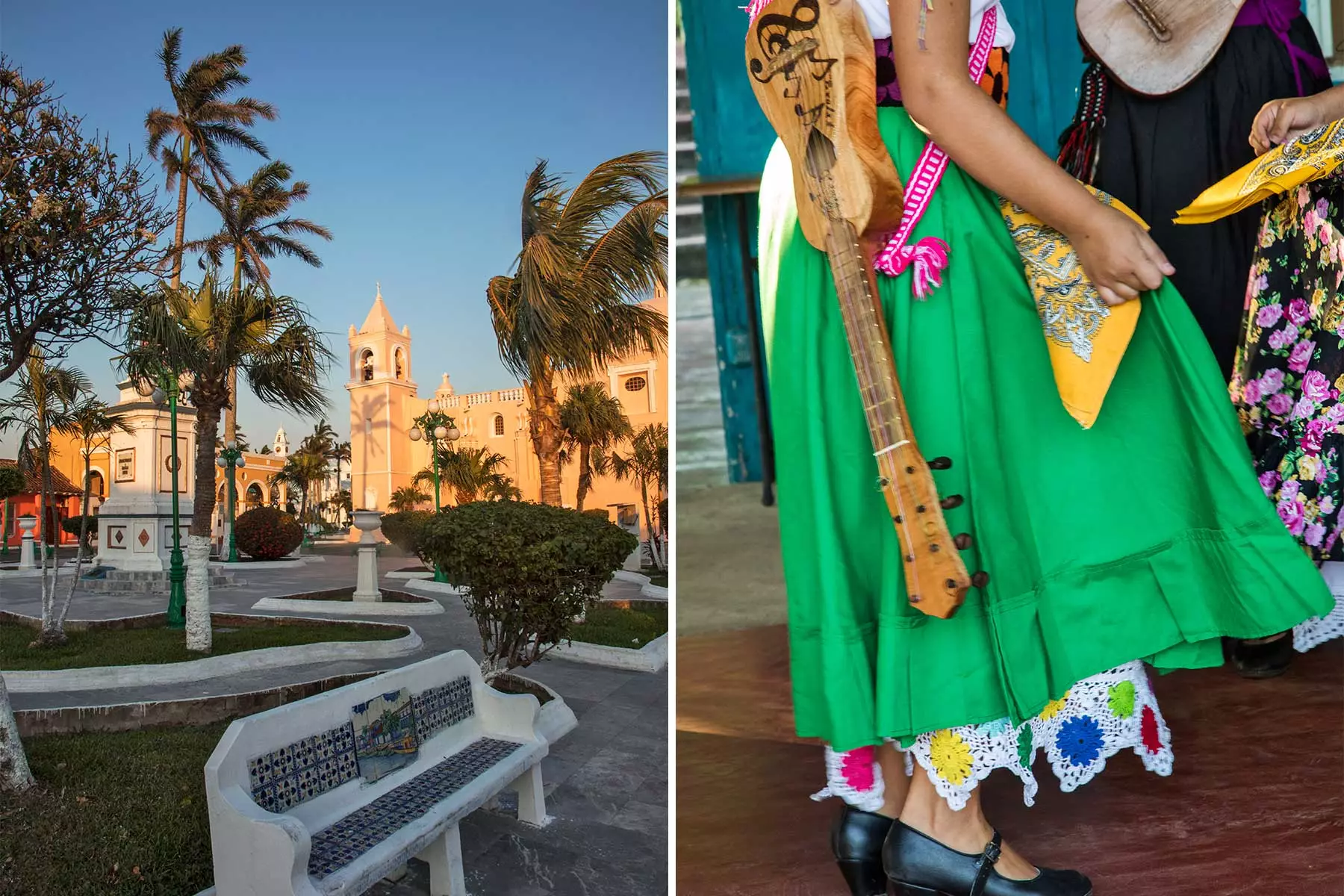 Scener fra Veracruz-regionen i Mexico, inkludert en kirke og bytorg, og de fargerike detaljene til en musikers kjole