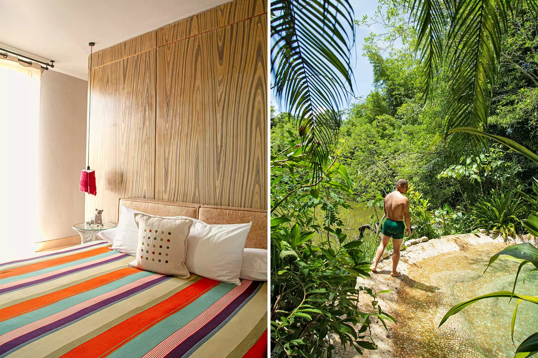 メキシコのチアパスからの2枚の写真。1枚はホテルのカラフルな客室を示し、もう1枚はジャングルのプールのそばにいる男性を示しています。
