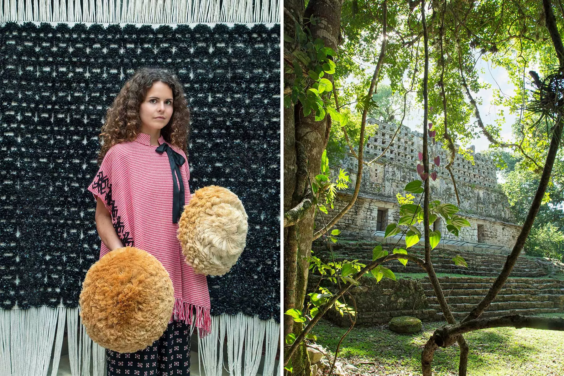 メキシコのチアパスからの2枚の写真。1枚は芸術家を示し、もう1枚はジャングルのマヤ遺跡を示しています。