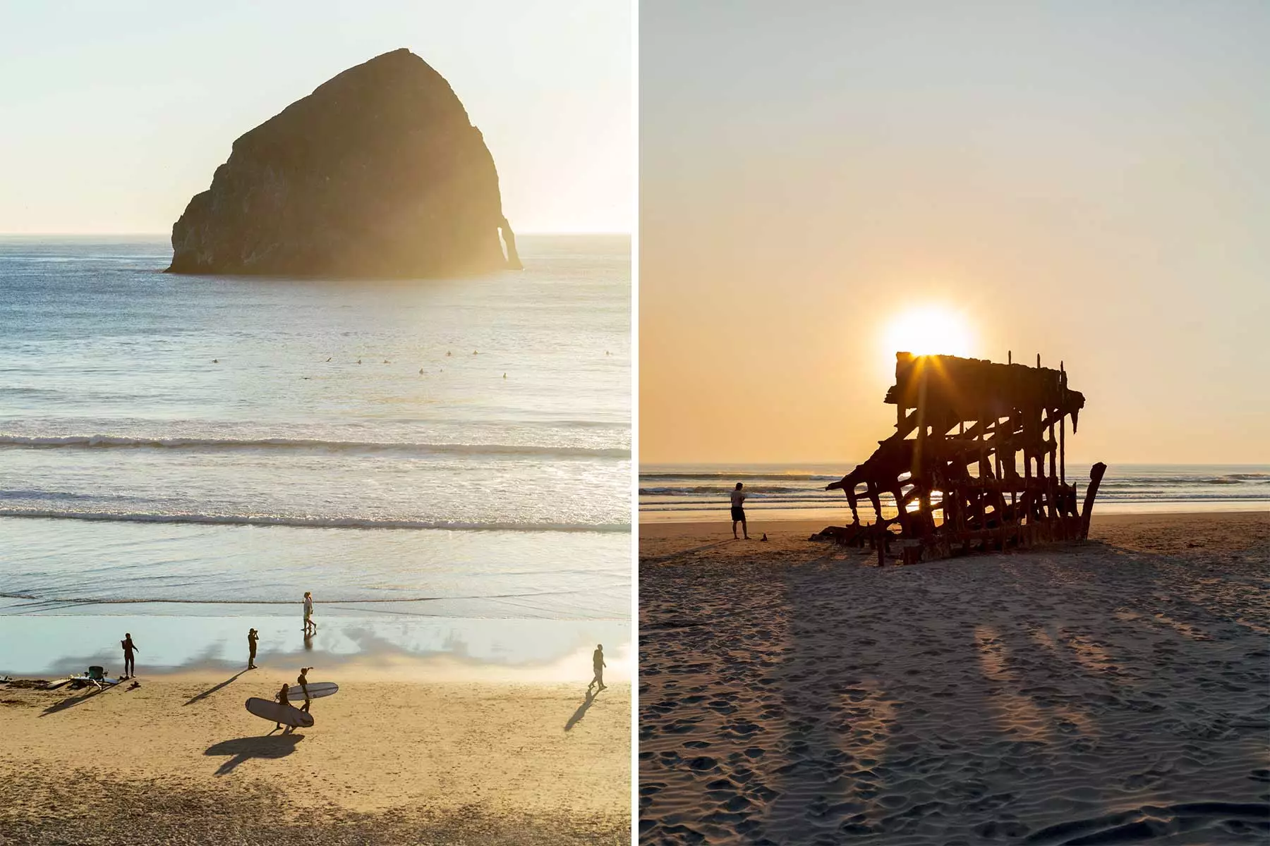 Kiawanda Rock 앞 해변의 서퍼와 Peter Iredale 선박의 난파선을 포함하여 오리건 해안의 한 쌍의 해변 장면