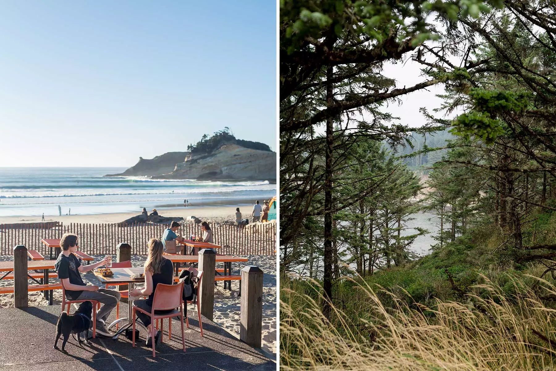 Sepasang foto yang menunjukkan pemandangan dari Oregon Coast, termasuk pengunjung di teres tepi laut di Pelican Brewing dan kehijauan di denai di Cape Arago