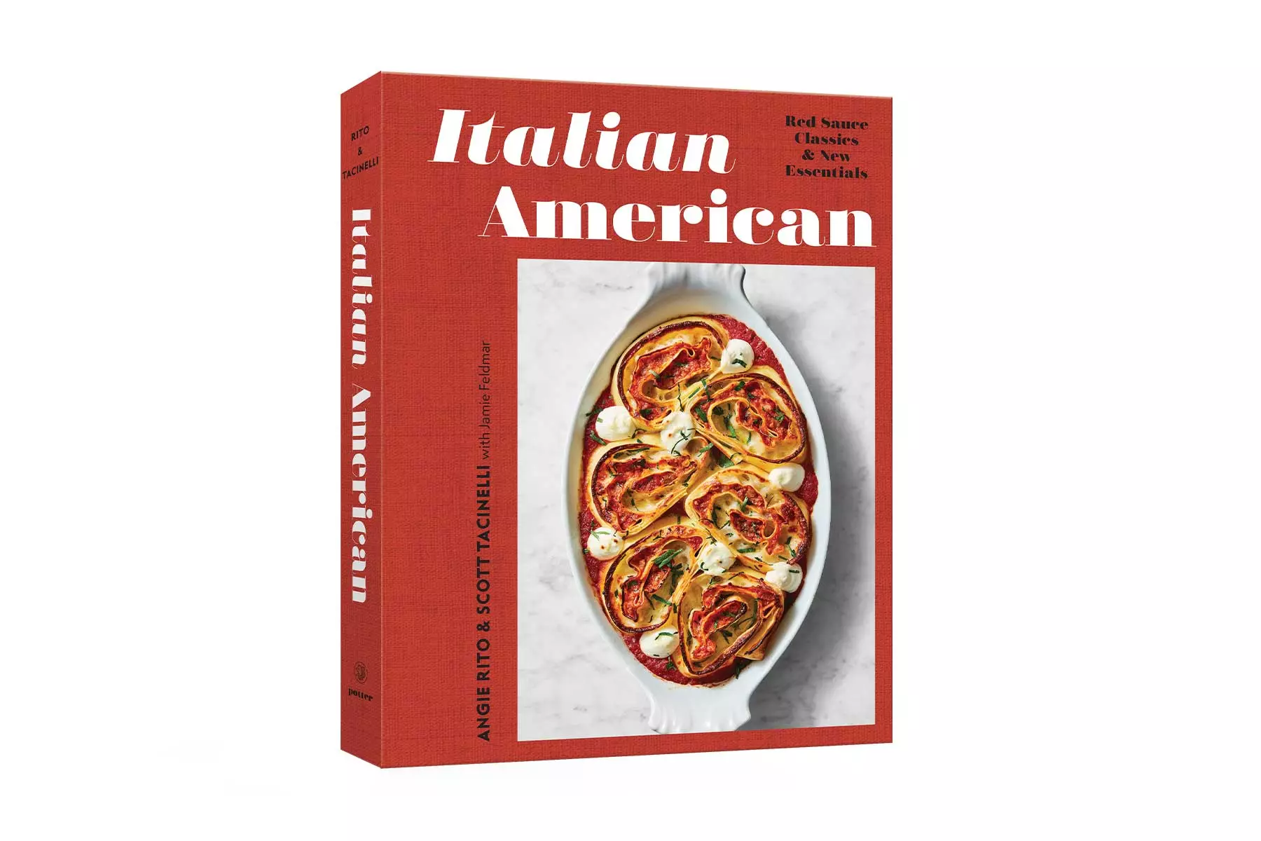 Cover vum italienesche amerikanesche Kachbuch, mat engem gewalzten Nuddelen an Tomatenzooss