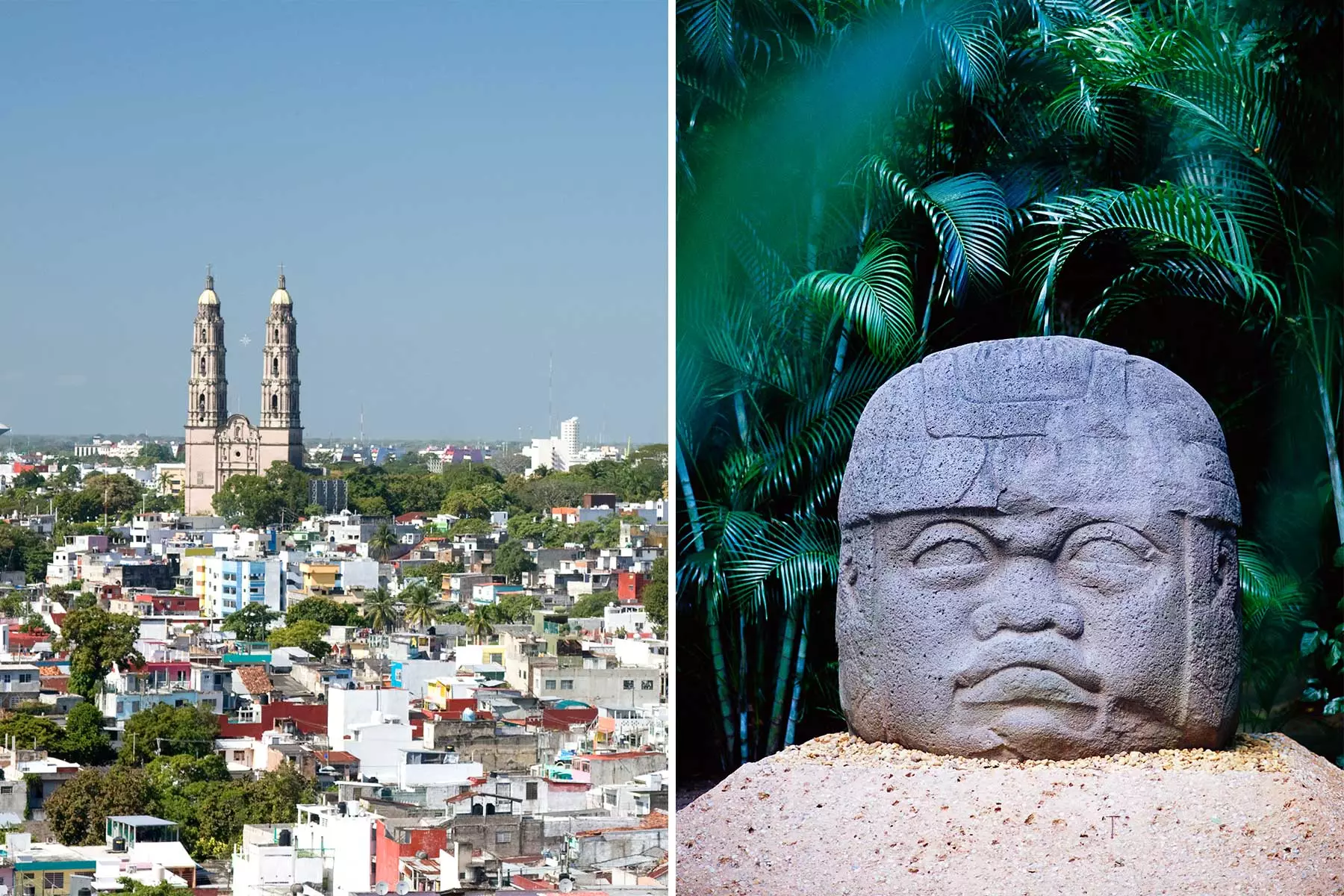 Meksikanyň Villahermosa şäheriniň görnüşi; “Parque Museo La Venta” -da ullakan Olmec kellesi