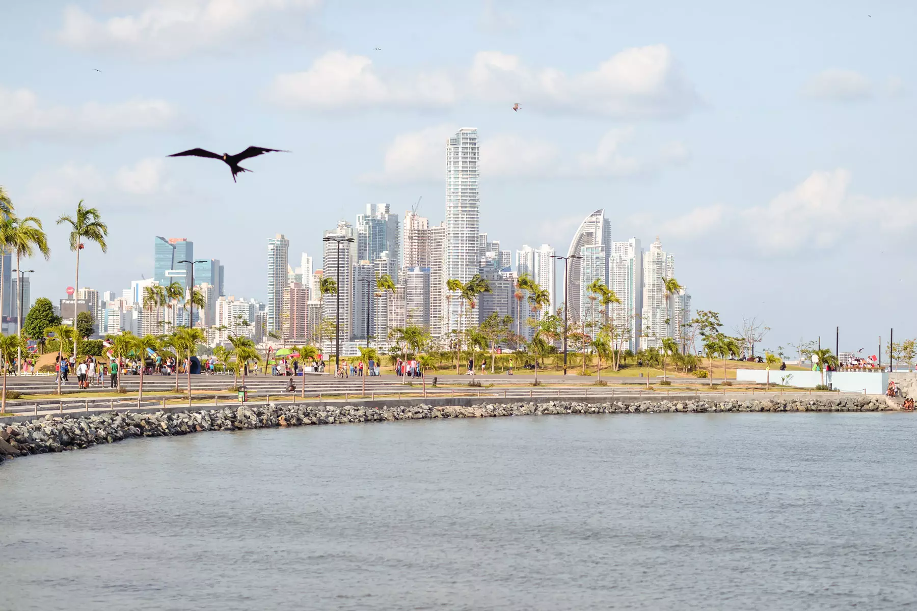 Landscape ng mga skyscraper sa sentro ng pananalapi ng Panama at mga taong naglalakad sa promenade na may mga ibong dagat na lumilipad