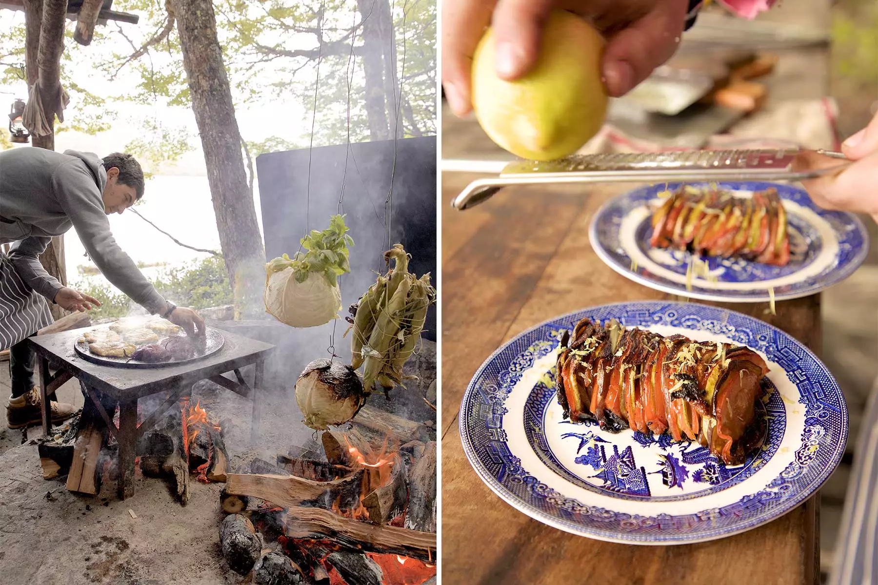 Mga talan-awon gikan sa plant-based retreat ni Francis Mallmann sa Argentina, lakip ang chef sa trabaho nga nag-ihaw og mga utanon, ug usa ka sliced-vegetable dish