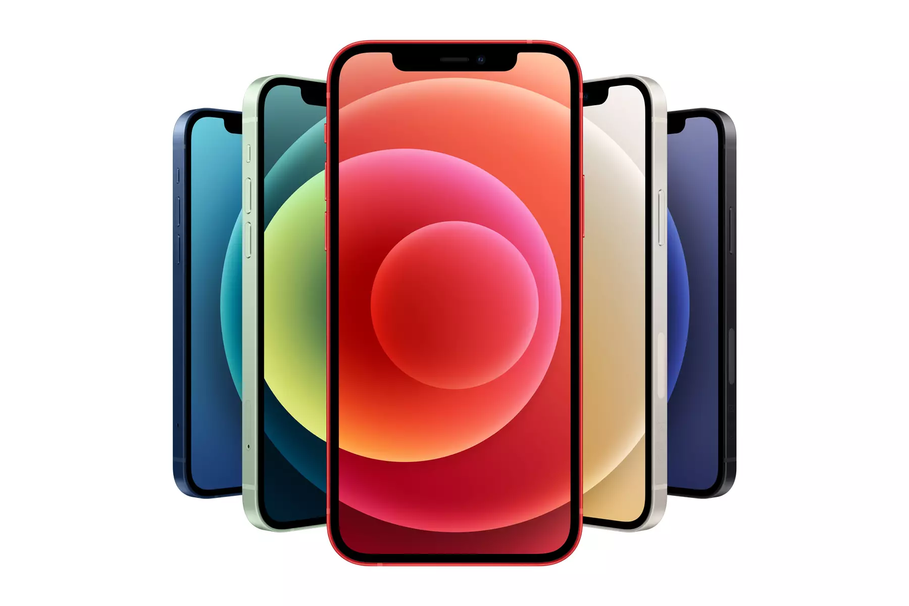 Fem nye iPhone 12-farger i blått, grønt, rødt, hvitt og svart