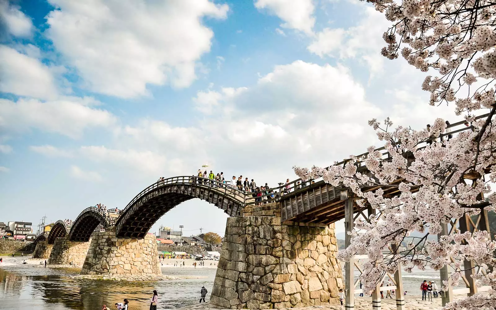 Kirsikankukat ja Kintai-silta Iwakunissa, Yamaguchissa, Japanissa
