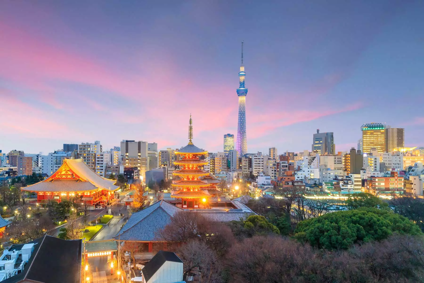 Vaizdas į Tokijo panoramą saulėlydžio metu su Tokyo Skytree