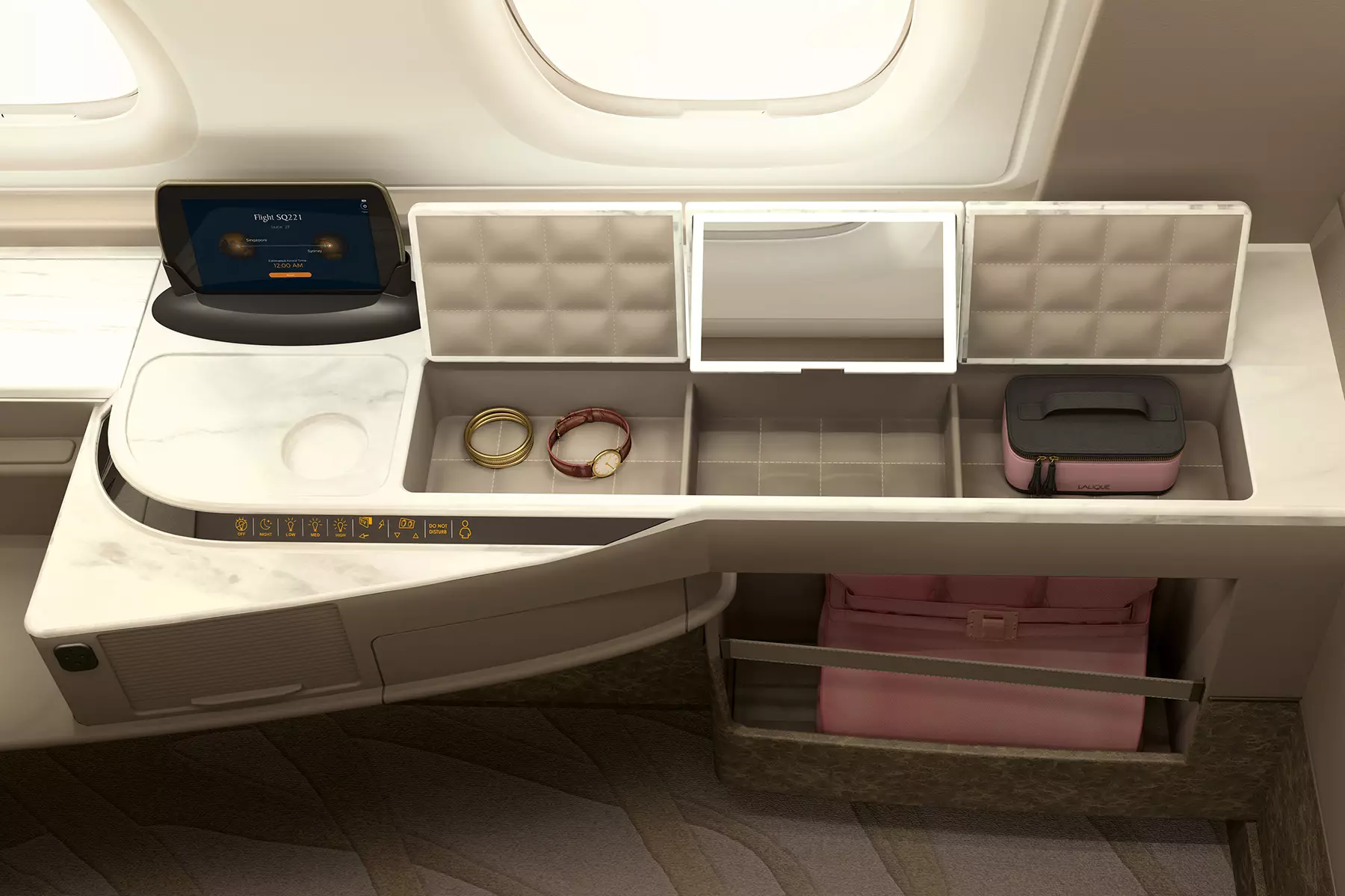 Armazenamento no A380 First Class Suite da Singapore Airlines