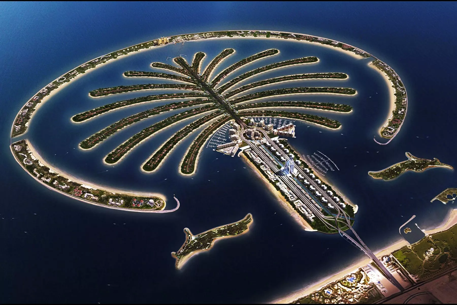 Ukubuka okusemoyeni kwe-The Palm Islands e-Dubai, e-United Arab Emirates