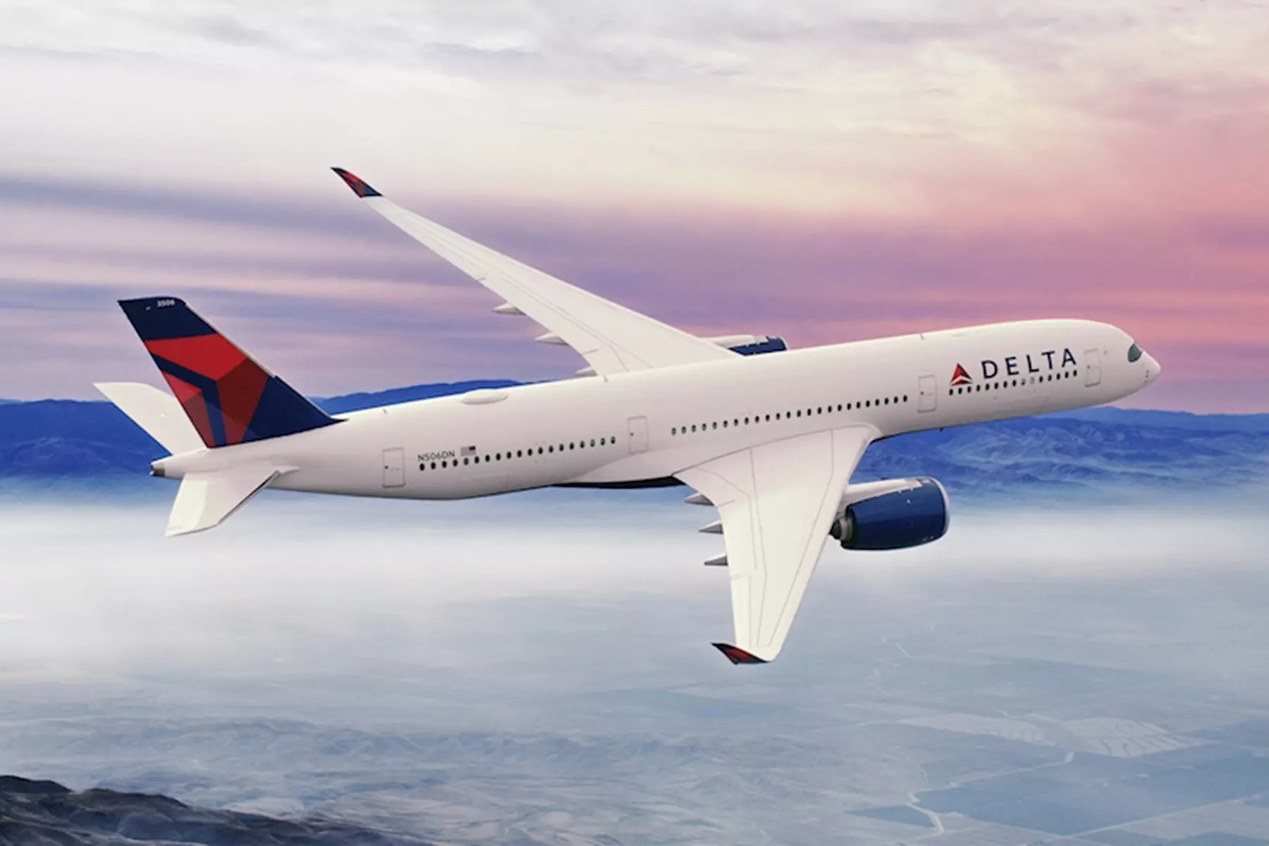 Delta A350 tijdens de vlucht boven wolken