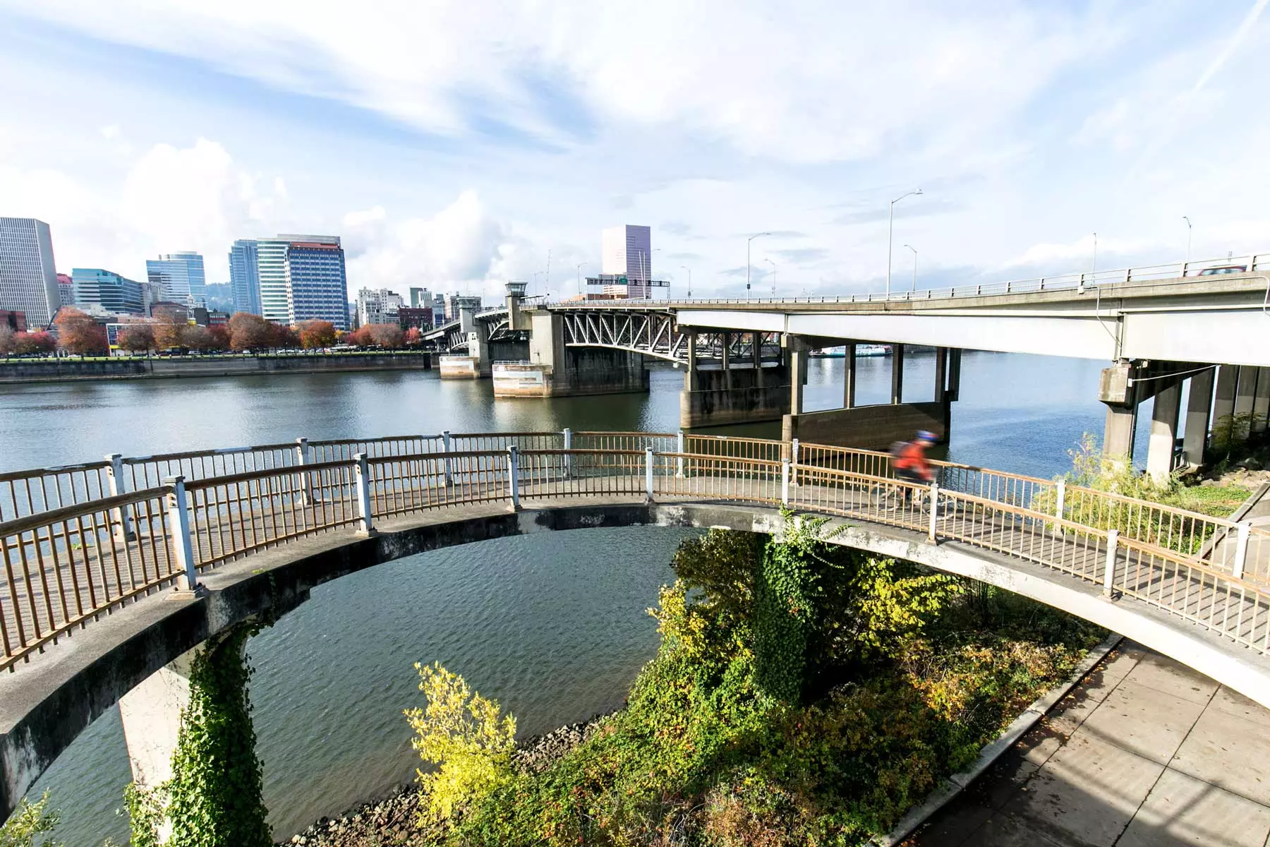 Cyclist nitih liwat jembatan ing Portland karo skyline ing tampilan