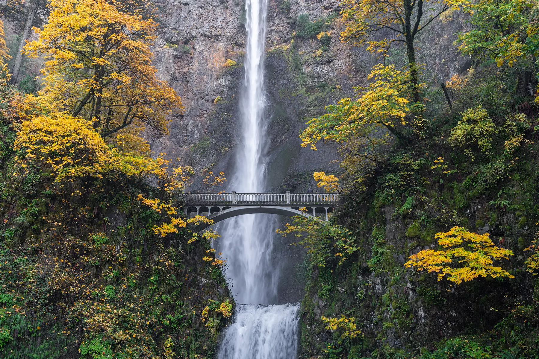 Multnomah Falls no outono. Cascade Locks, condado de Multnomah, Oregón, Estados Unidos.