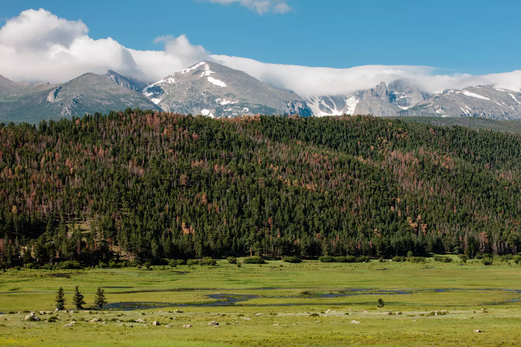 Les nuages tiennent fermement au sommet des montagnes entourant le parc Moraine un matin de la mi-juillet dans le parc national des Montagnes Rocheuses, au Colorado.