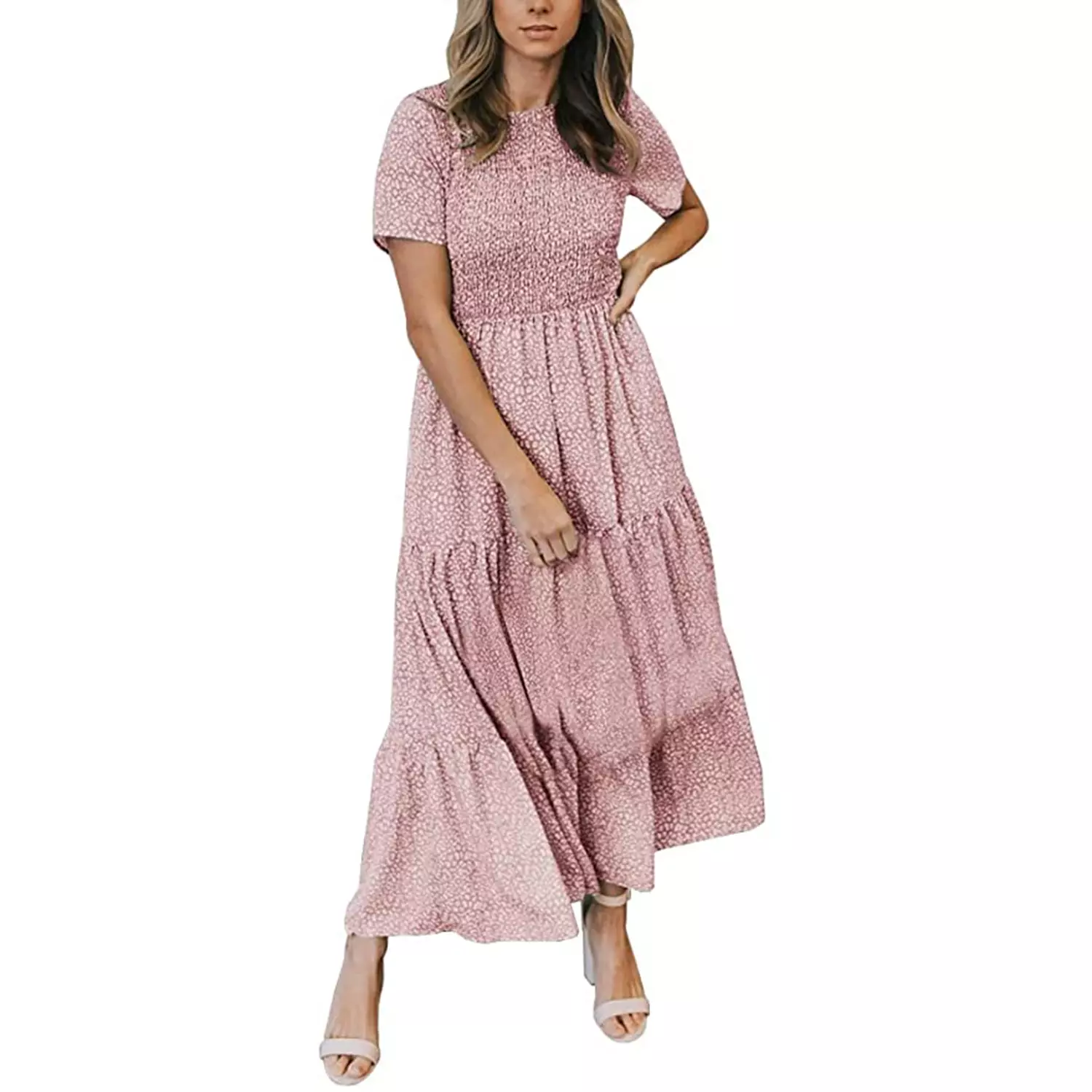 Zattcas Womens Summer Casual Short Sleeve Bohemian Floral Tiered Maxi Dress