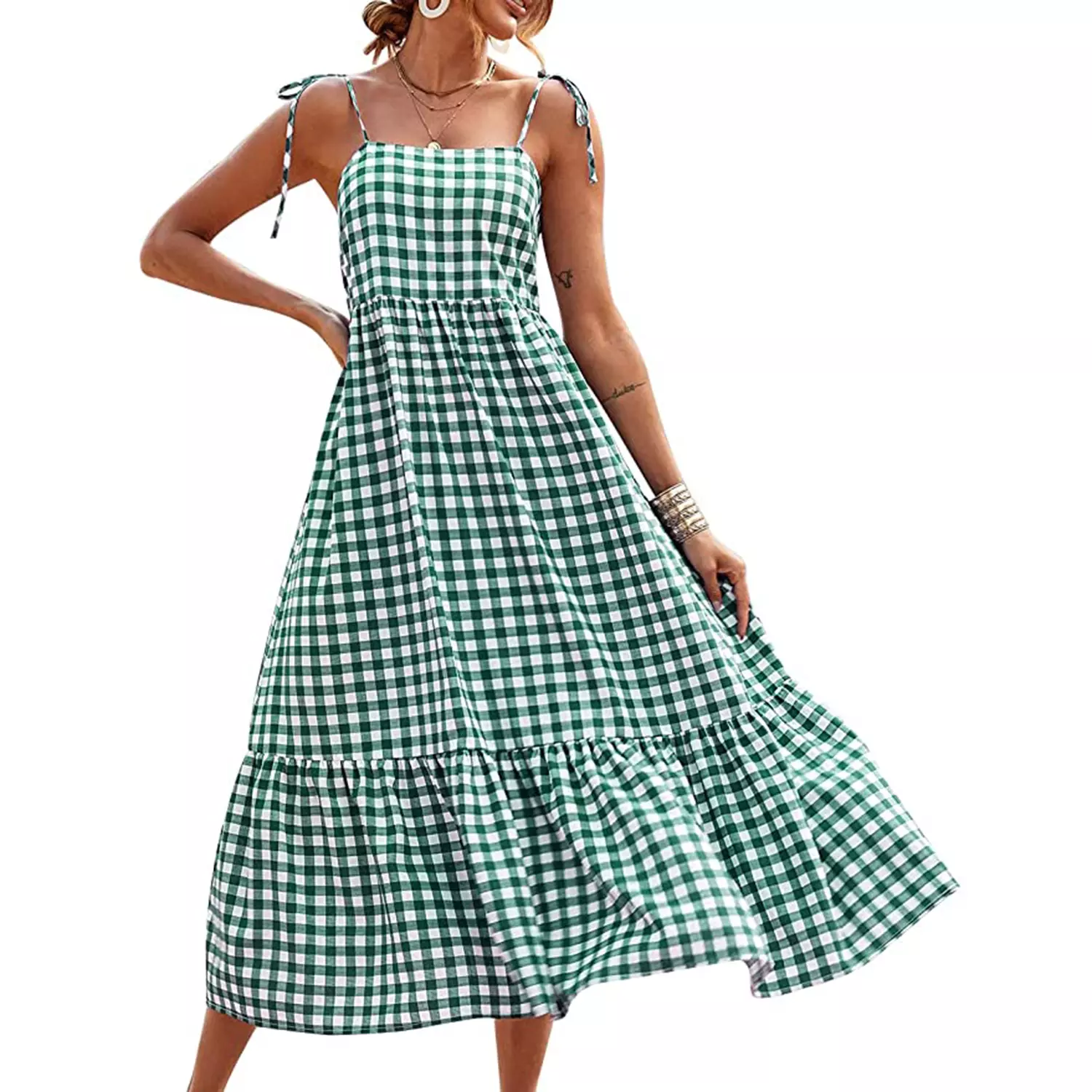 PRETTYGARDEN Summer Dress ສໍາລັບແມ່ຍິງ Plaid Spaghetti Strap