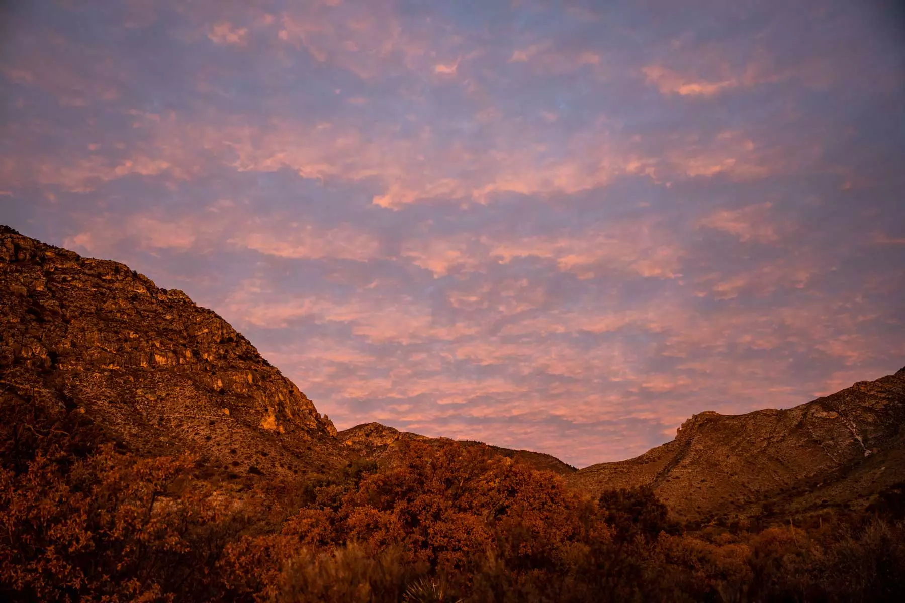 Filas de nubes rosadas sobre as montañas de Guadalupe