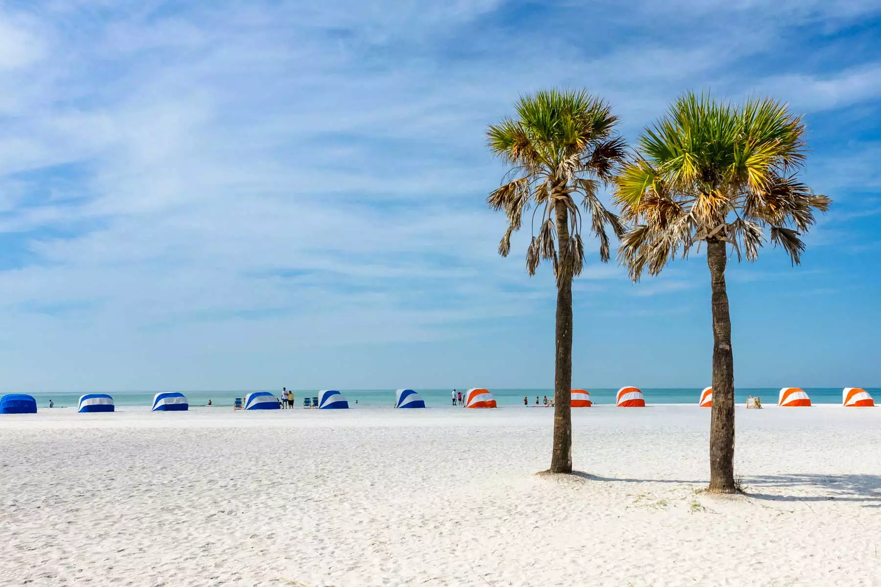 Clearwater Beach, Florida, doi palmieri și un rând de corturi pe plajă