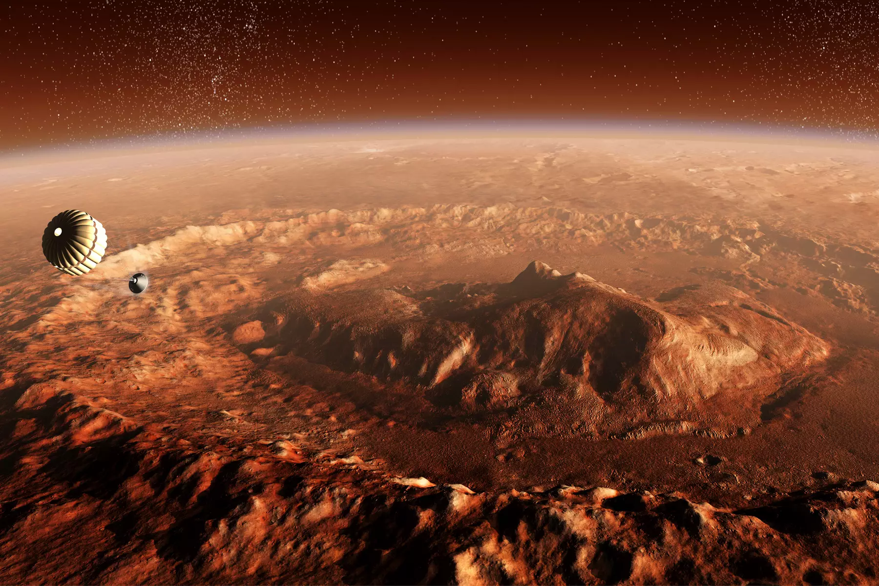 Roverul Curiosity coborând în craterul Gale de pe Marte