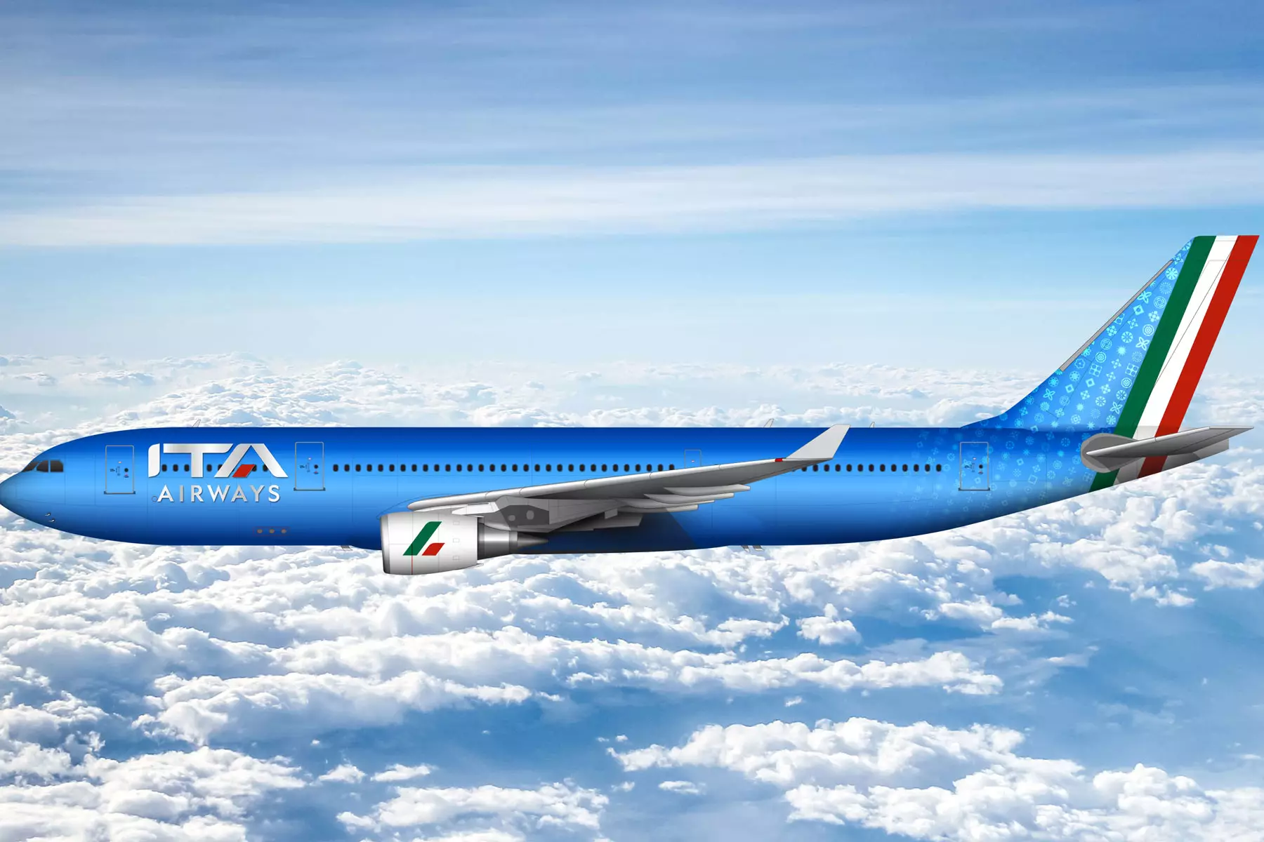 Render pesawat ITA Airways biru di langit.