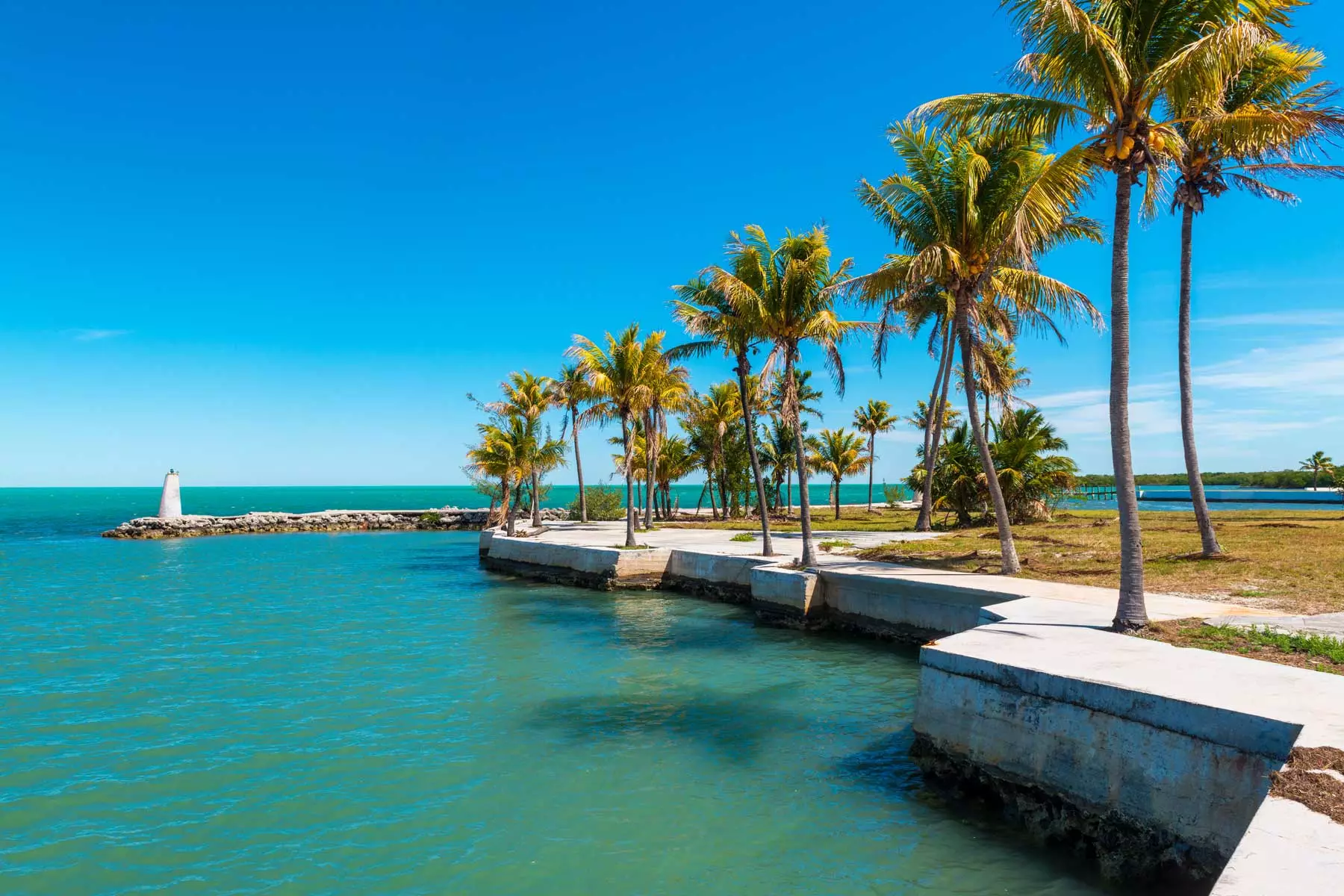 Kis öböl Marathonban, Florida Keys, Florida, pálmafákkal és ragyogó kék vízzel